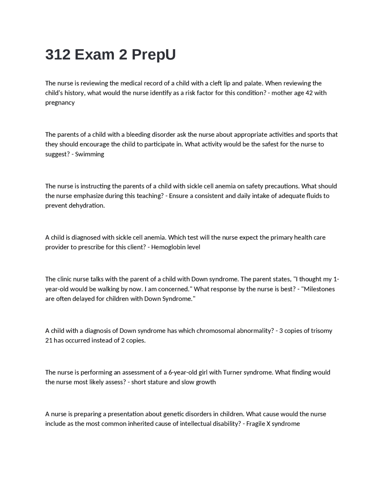 Exam 2 PrepU: Pediatric Nursing | Exams Pediatrics | Docsity