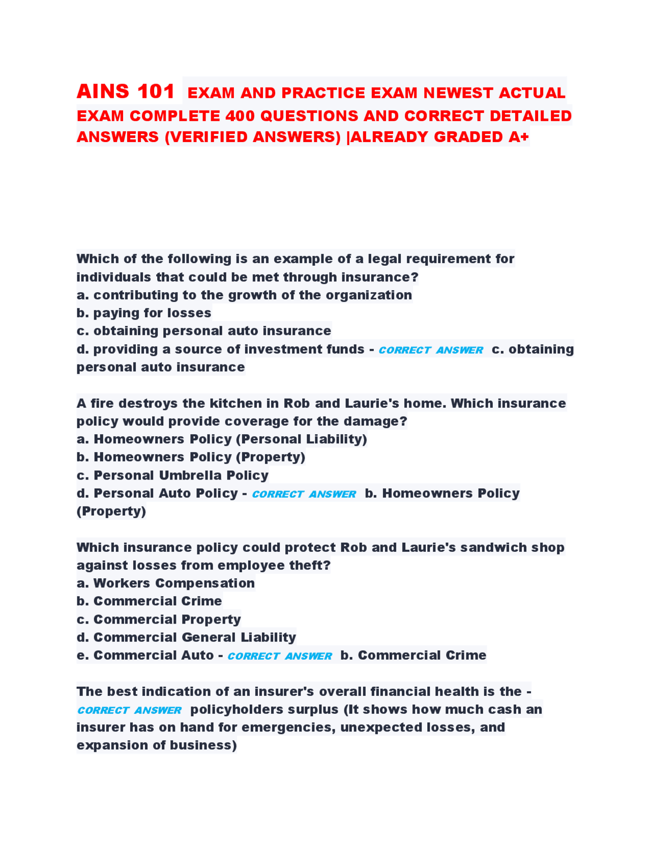AINS 101 EXAM AND PRACTICE EXAM NEWEST ACTUAL EXAM COMPLETE 400 ...
