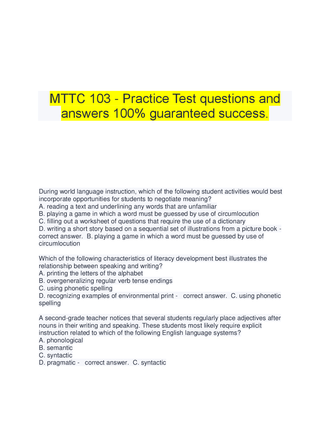 MTTC 103 - Practice Test questions and answers 100% guaranteed success ...