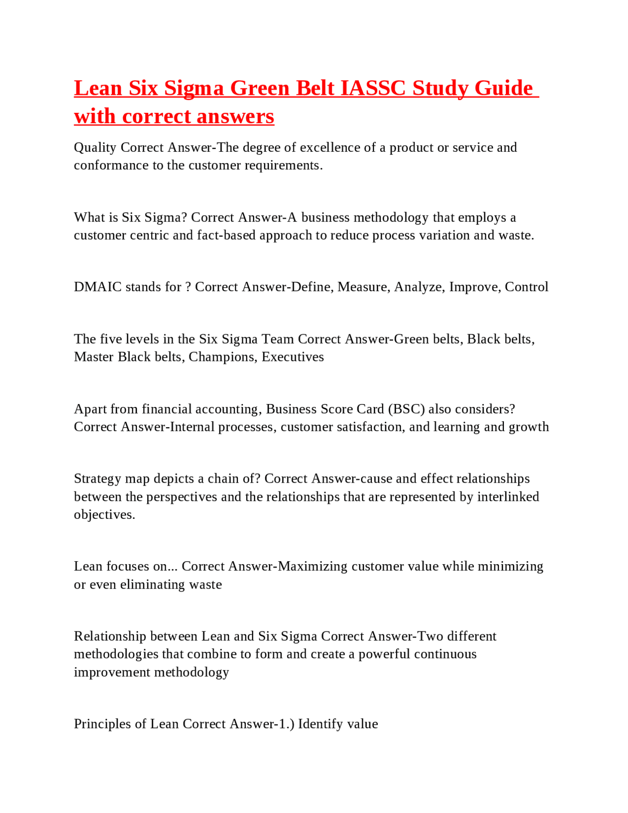 Lean Six Sigma Green Belt IASSC Study Guide with Correct Answers ...