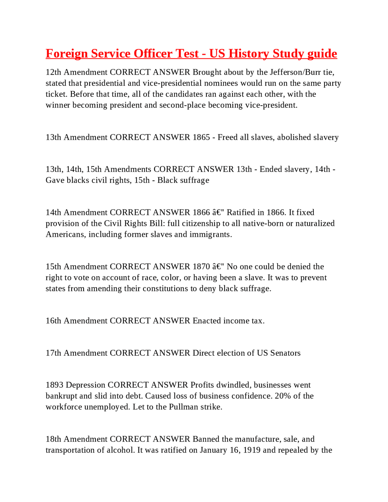 US History Study Guide: Key Amendments and Events | Exams Nursing | Docsity