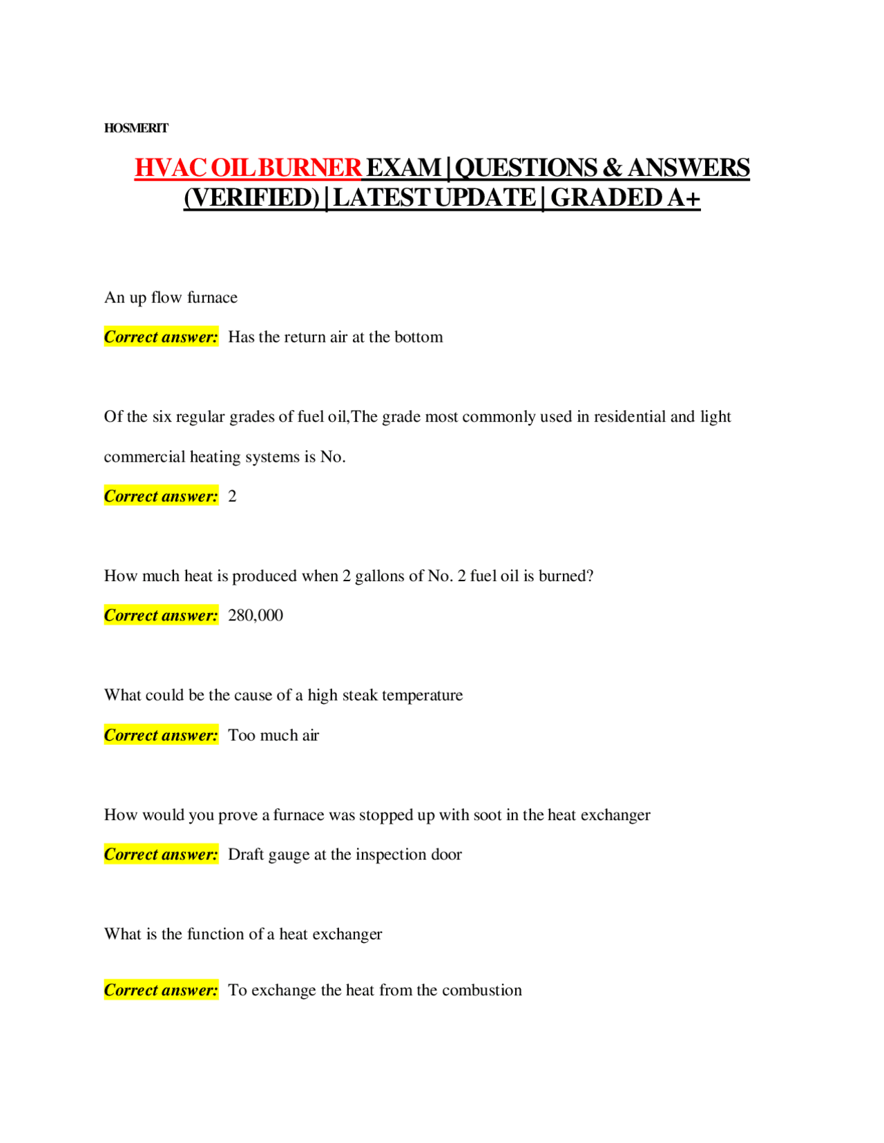 HVAC Oil Burner Exam: Questions and Answers | Exams Engineering | Docsity