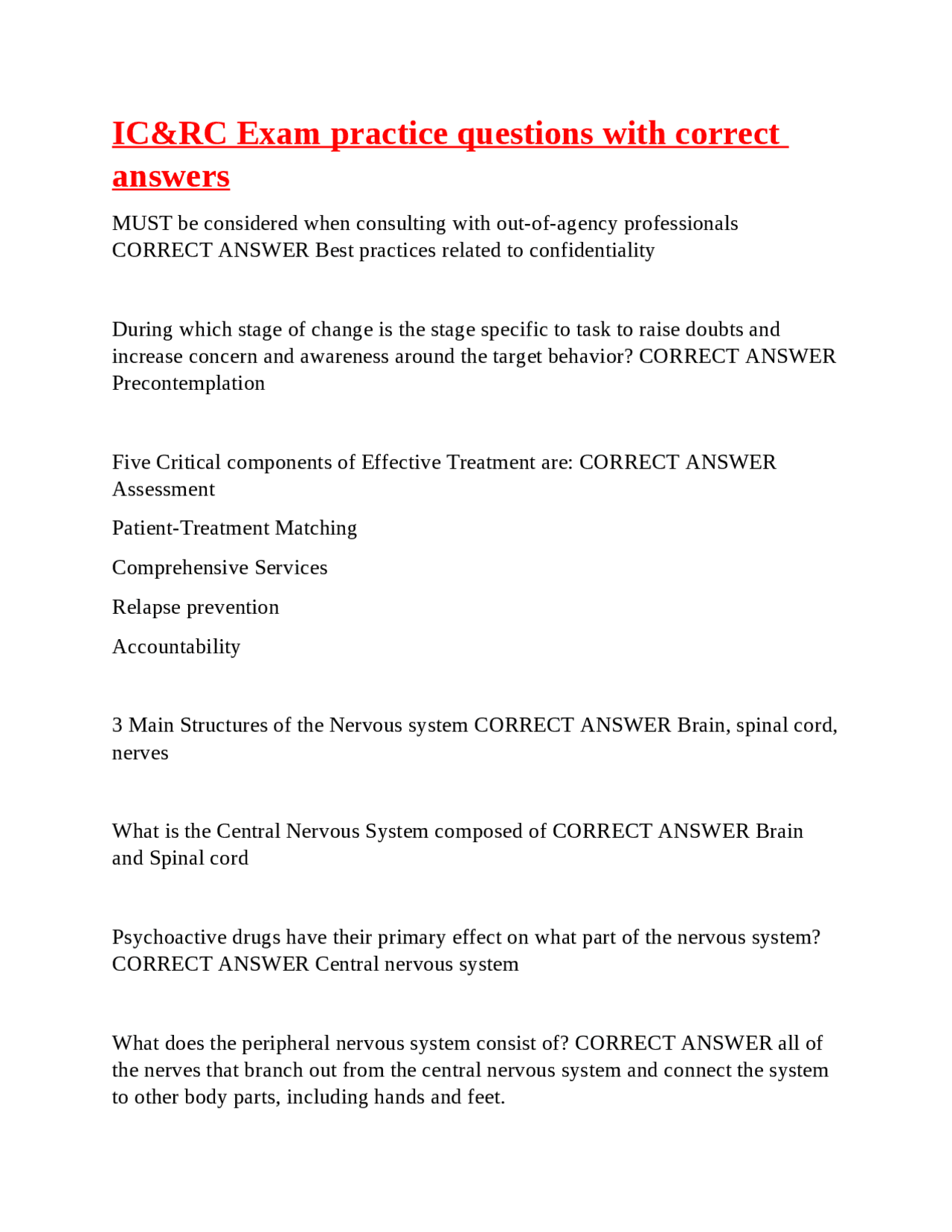 IC&RC Exam Practice Questions and Answers | Exams Nursing | Docsity