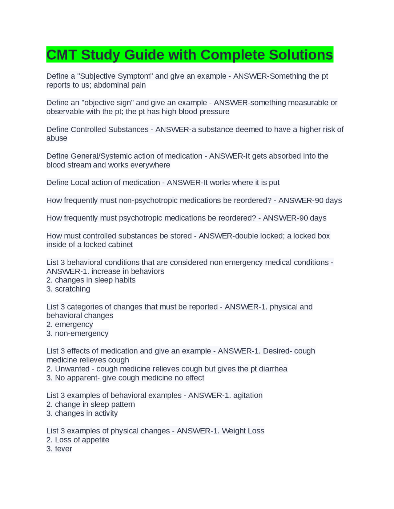 CMT Study Guide with Complete Solutions: Medication Administration and ...