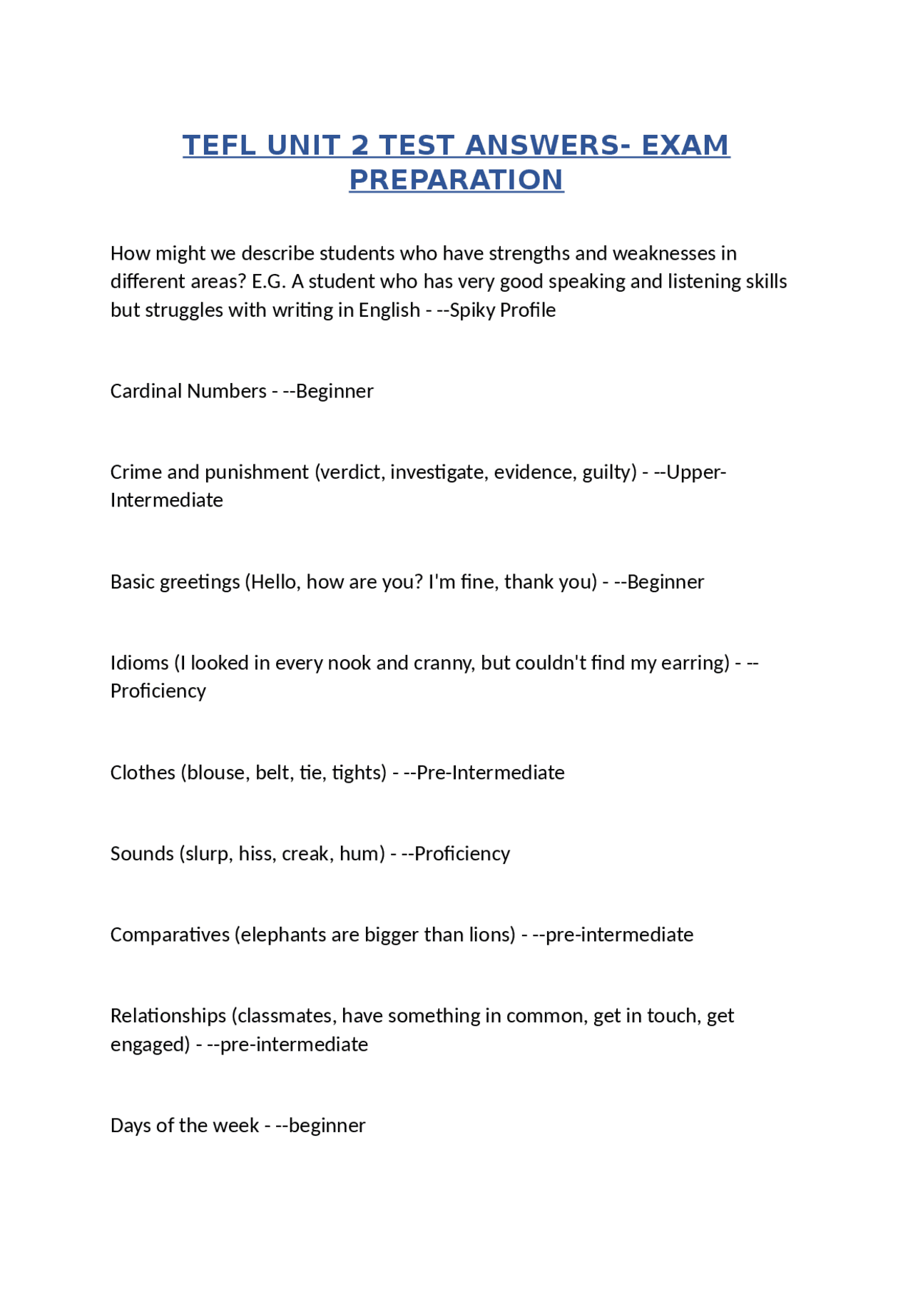 TEFL Unit 2 Test Answers: Exam Preparation and Lesson Planning | Exams ...