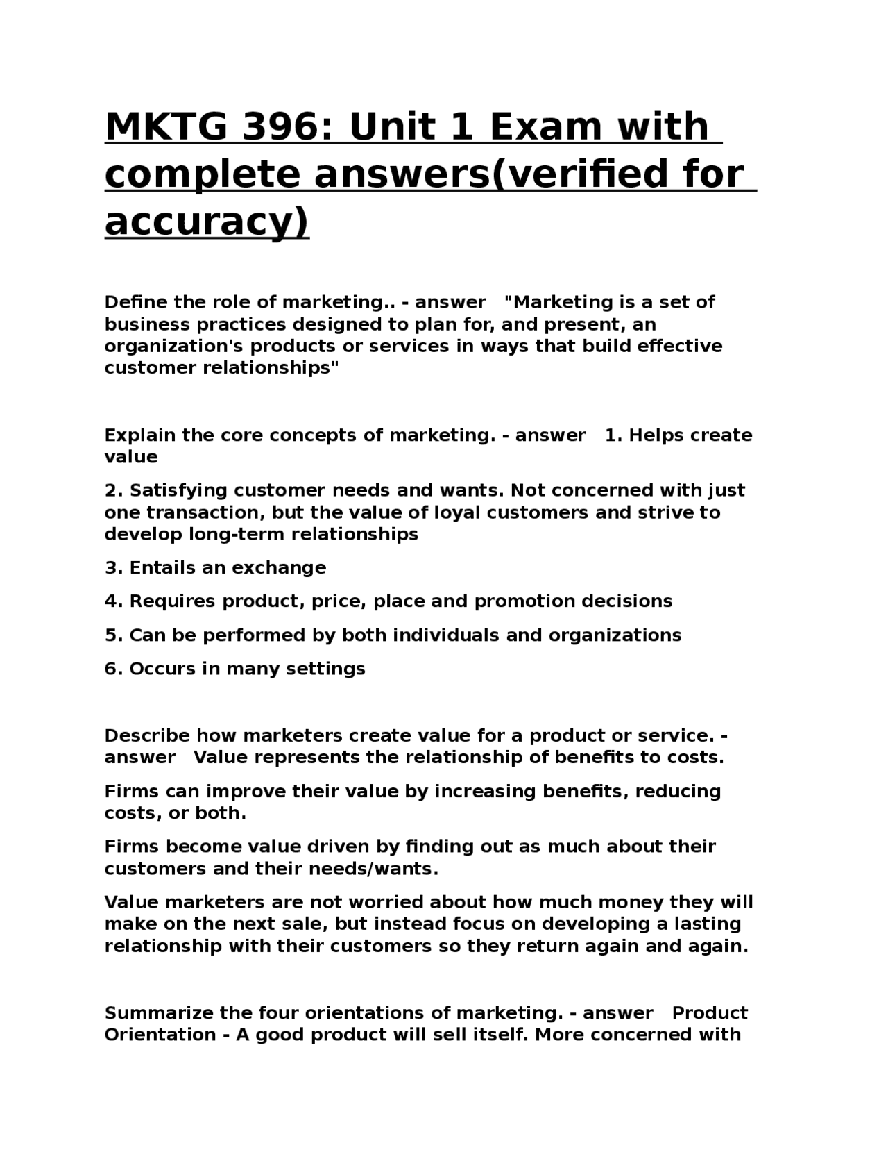 MKTG 396: Unit 1 Exam - Marketing Fundamentals | Exams Biology | Docsity