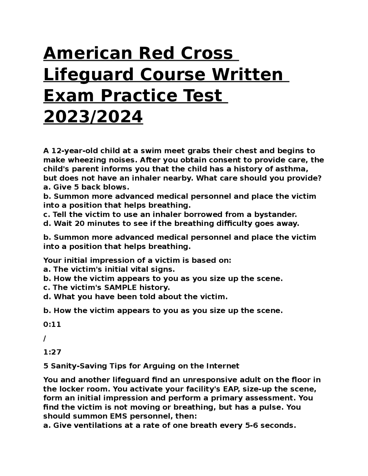 American Red Cross Lifeguard Course Written Exam Practice Test 2023 ...