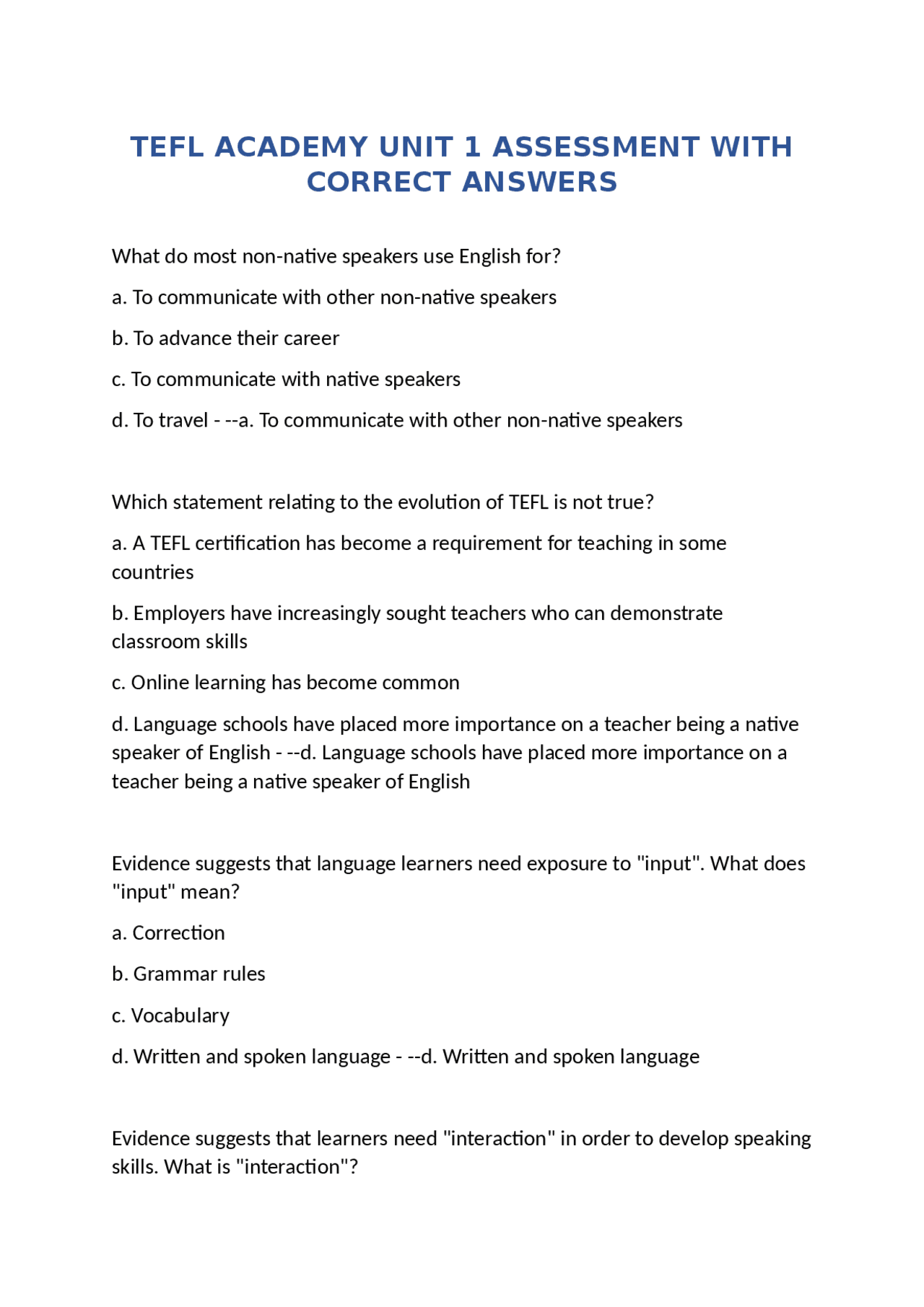 TEFL ACADEMY UNIT 1 ASSESSMENT WITH CORRECT ANSWERS | Exams Advanced ...
