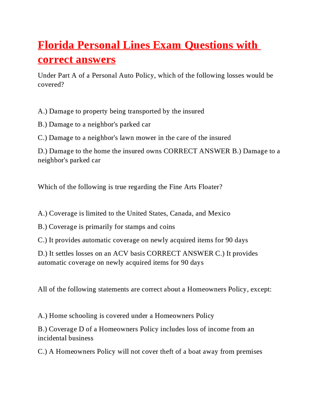 Florida Personal Lines Exam Questions and Answers | Exams Law | Docsity