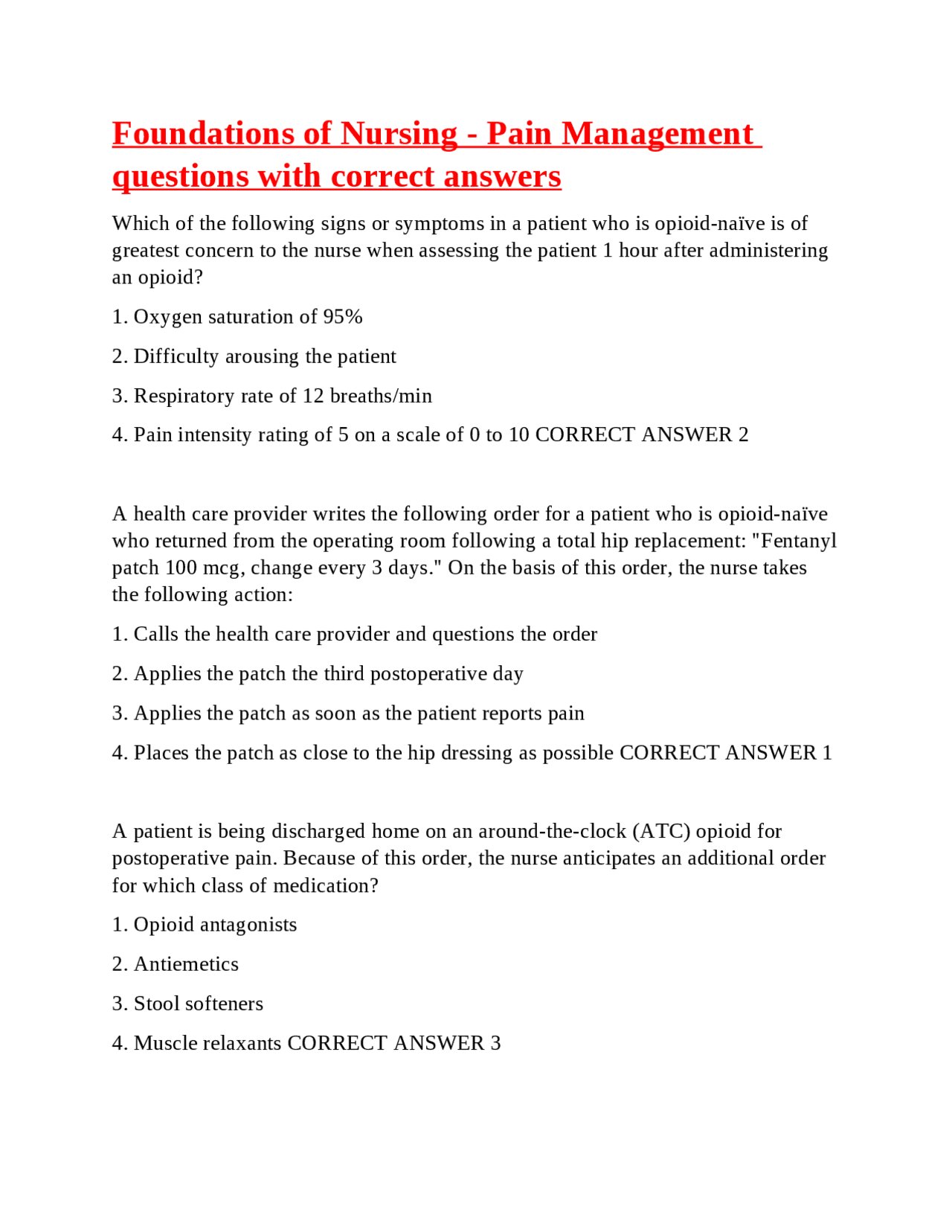 Foundations of Nursing - Pain Management: Multiple Choice Questions and ...