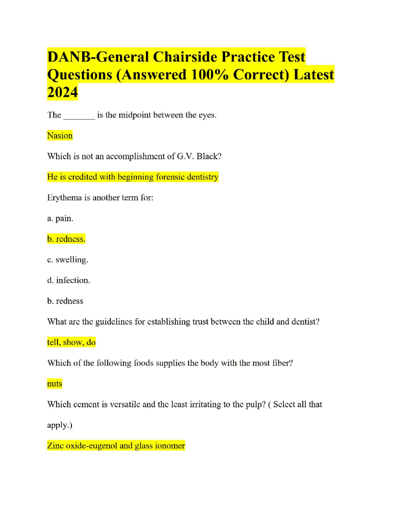 DANB-General Chairside Practice Test Questions (Answered 100% Correct ...