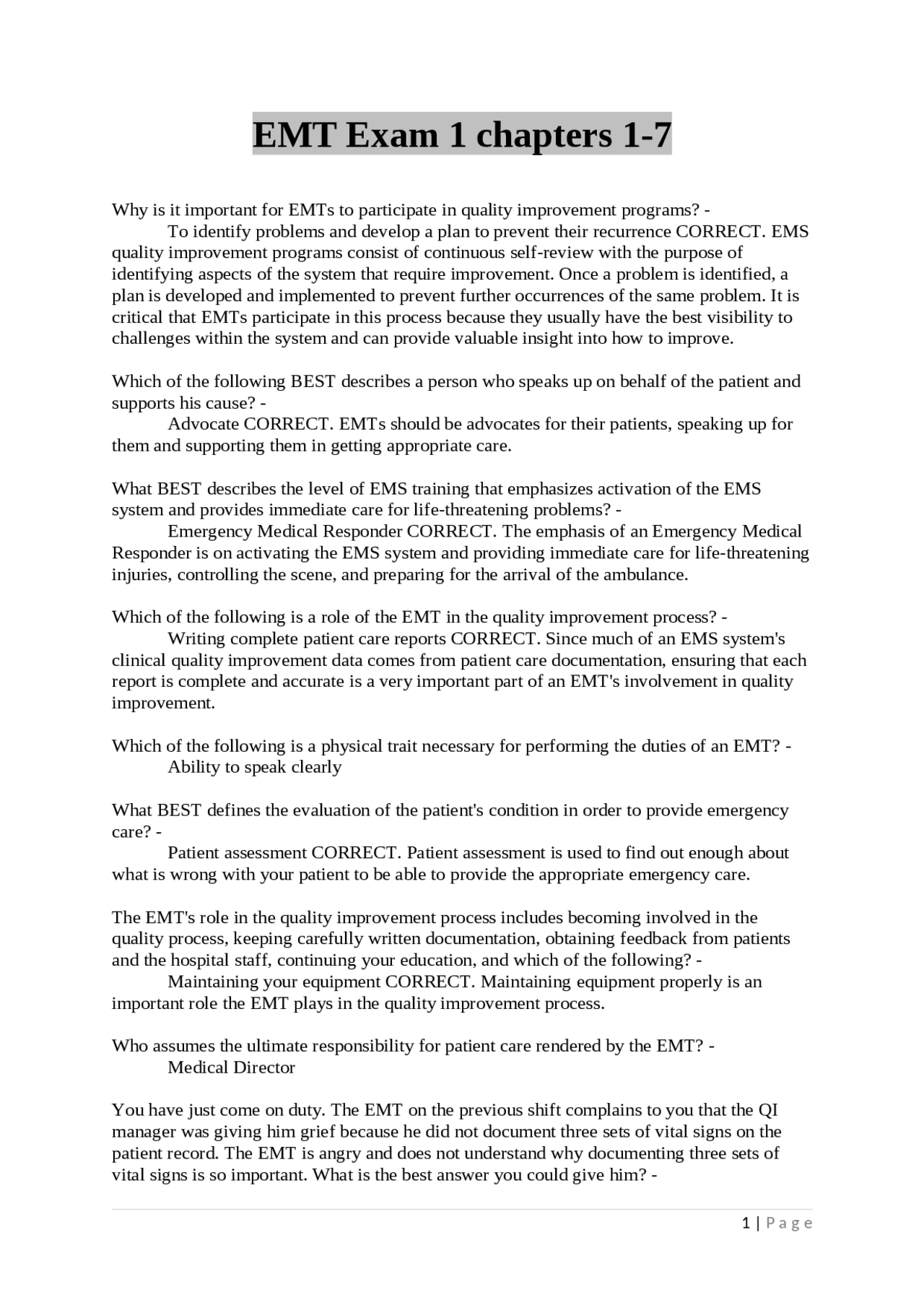 EMT Exam 1 Chapters 1-7: Practice Questions and Answers | Exams Nursing ...