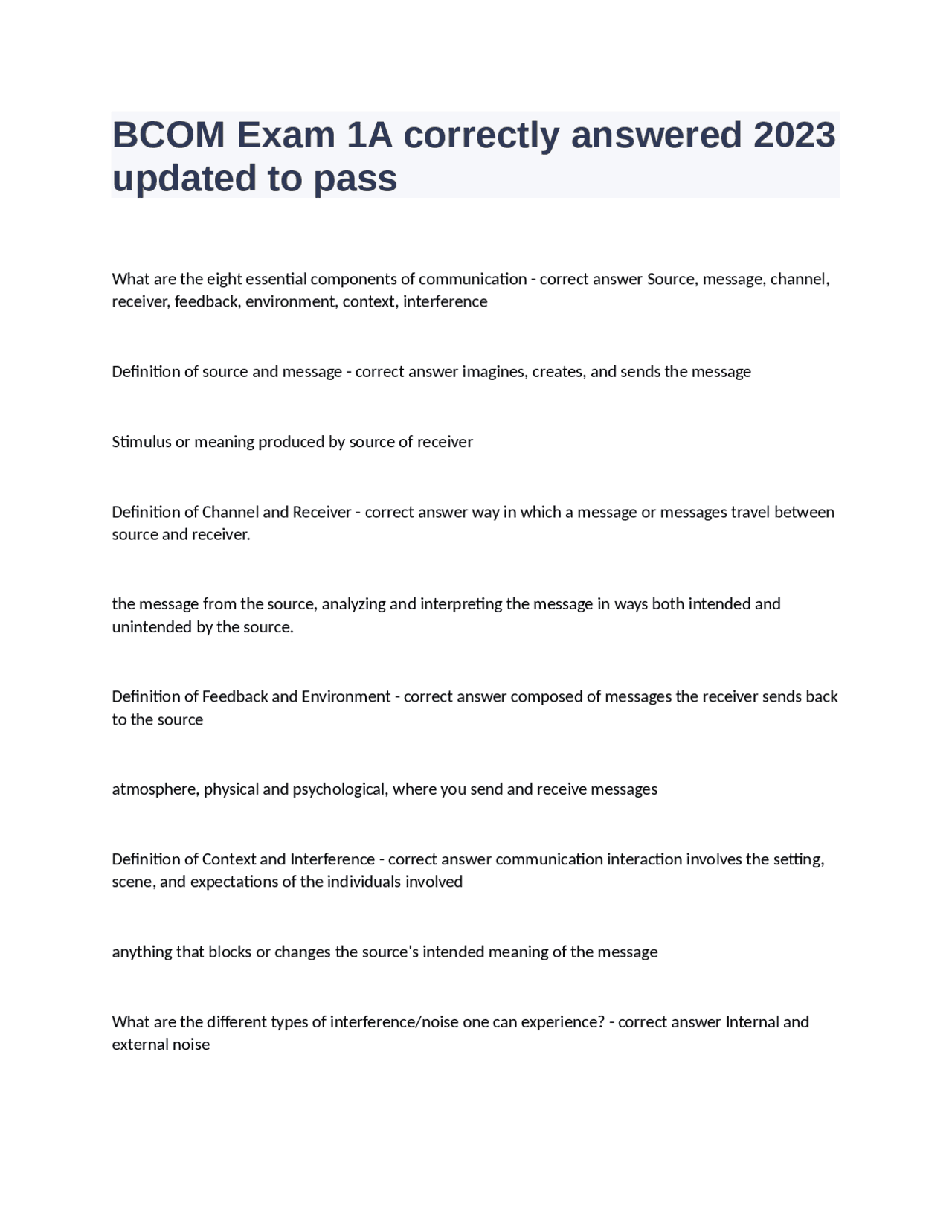 BCOM Exam 1A: Communication Fundamentals | Exams Nursing | Docsity