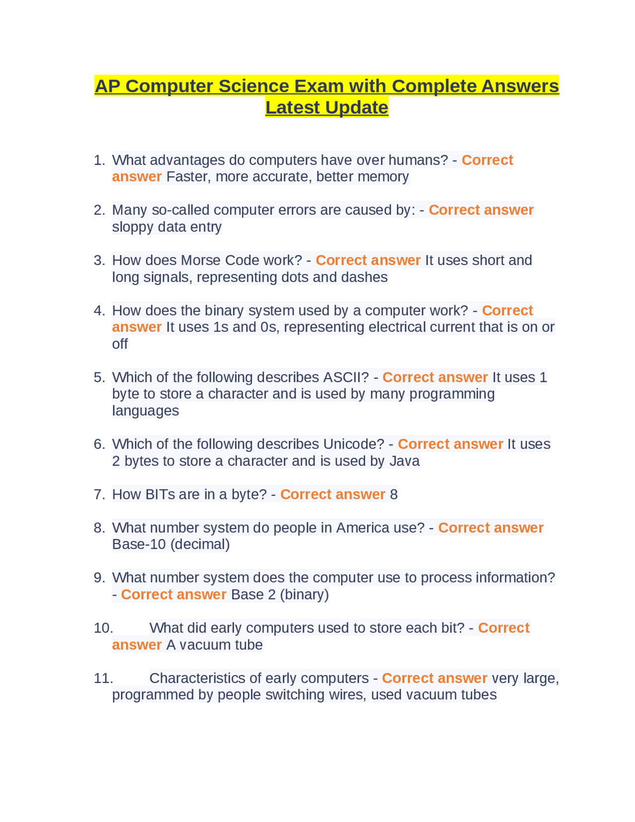 Ap Computer Science Exam Questions And Answers Exams Computer Science Docsity