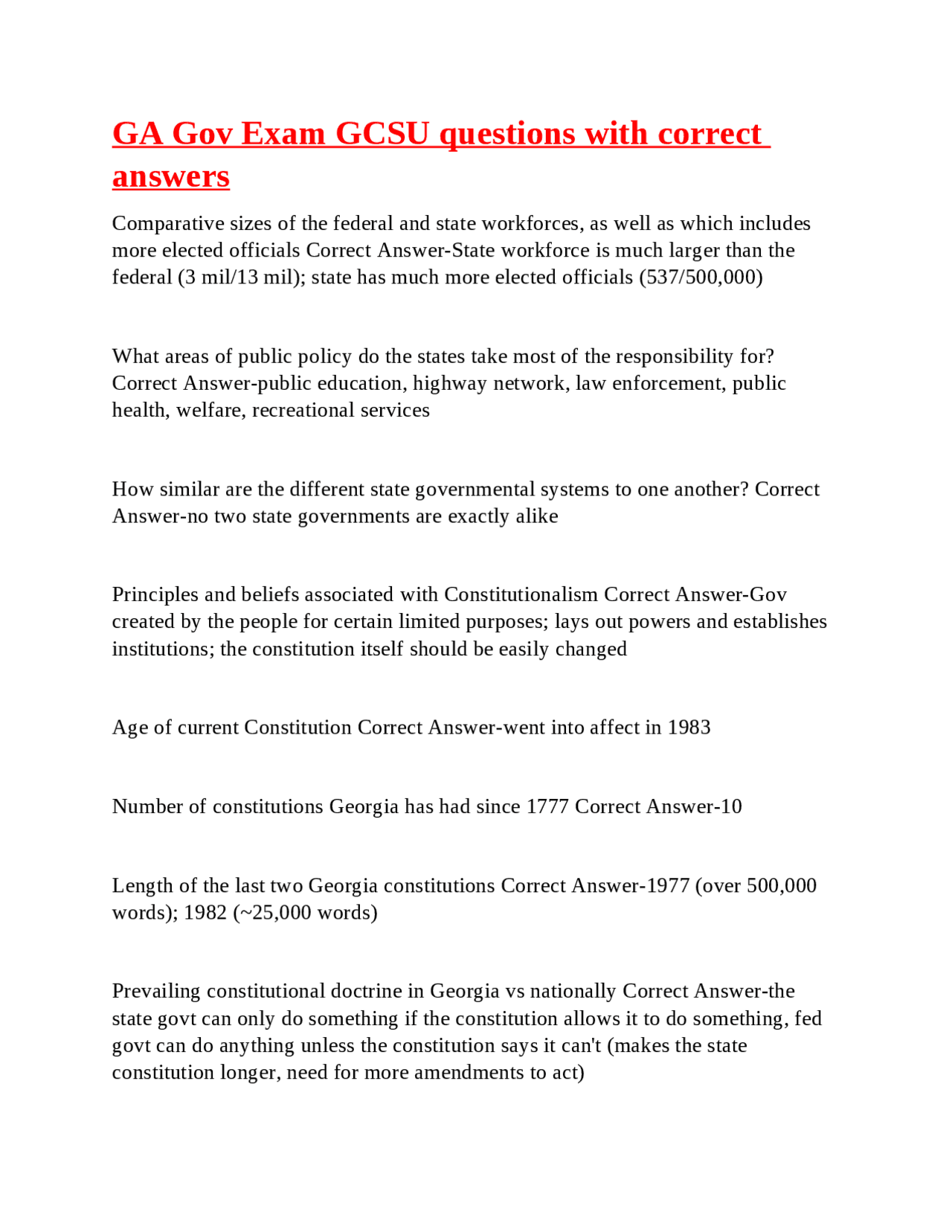 Georgia Government Exam Questions and Answers | Exams Law | Docsity