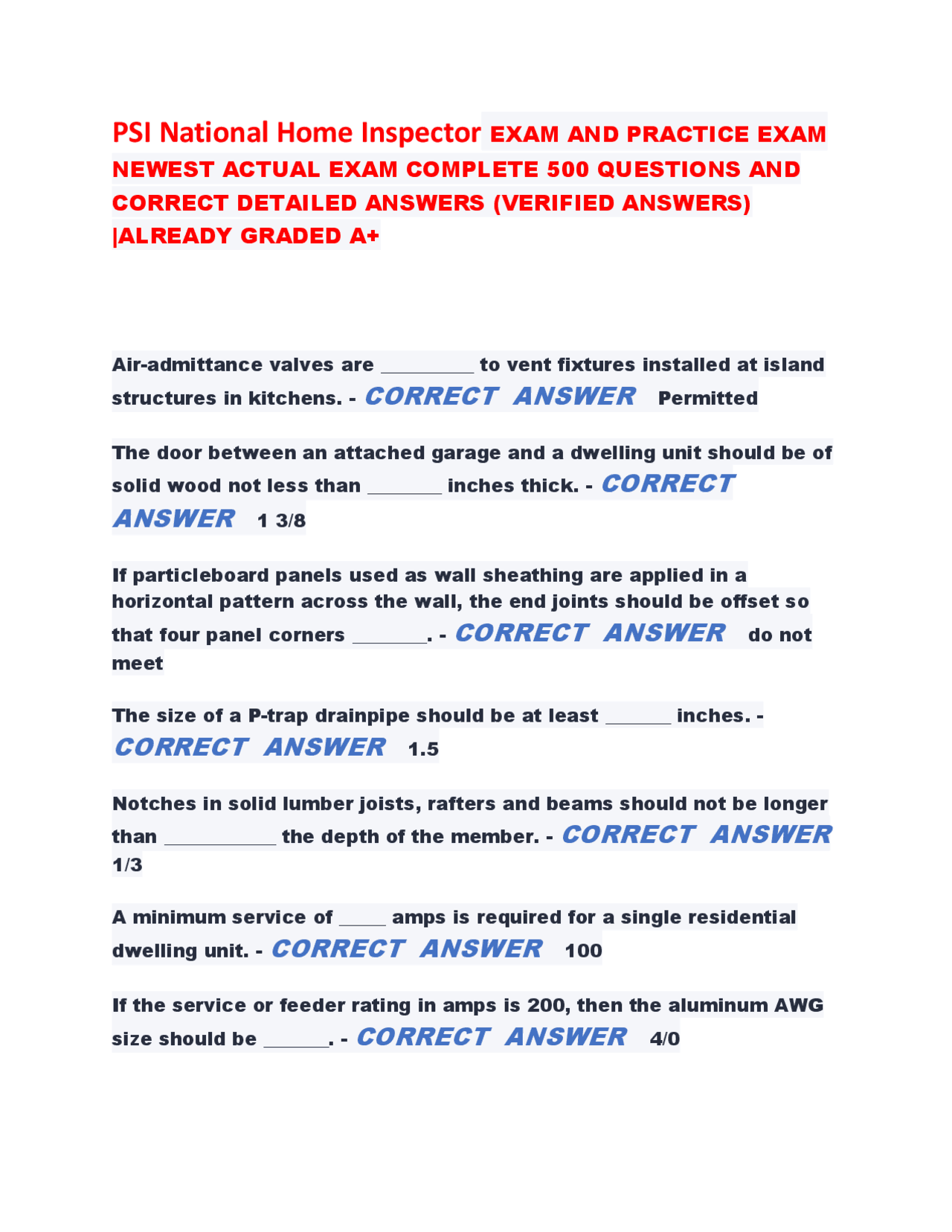 PSI National Home Inspector EXAM AND PRACTICE EXAM NEWEST ACTUAL EXAM ...