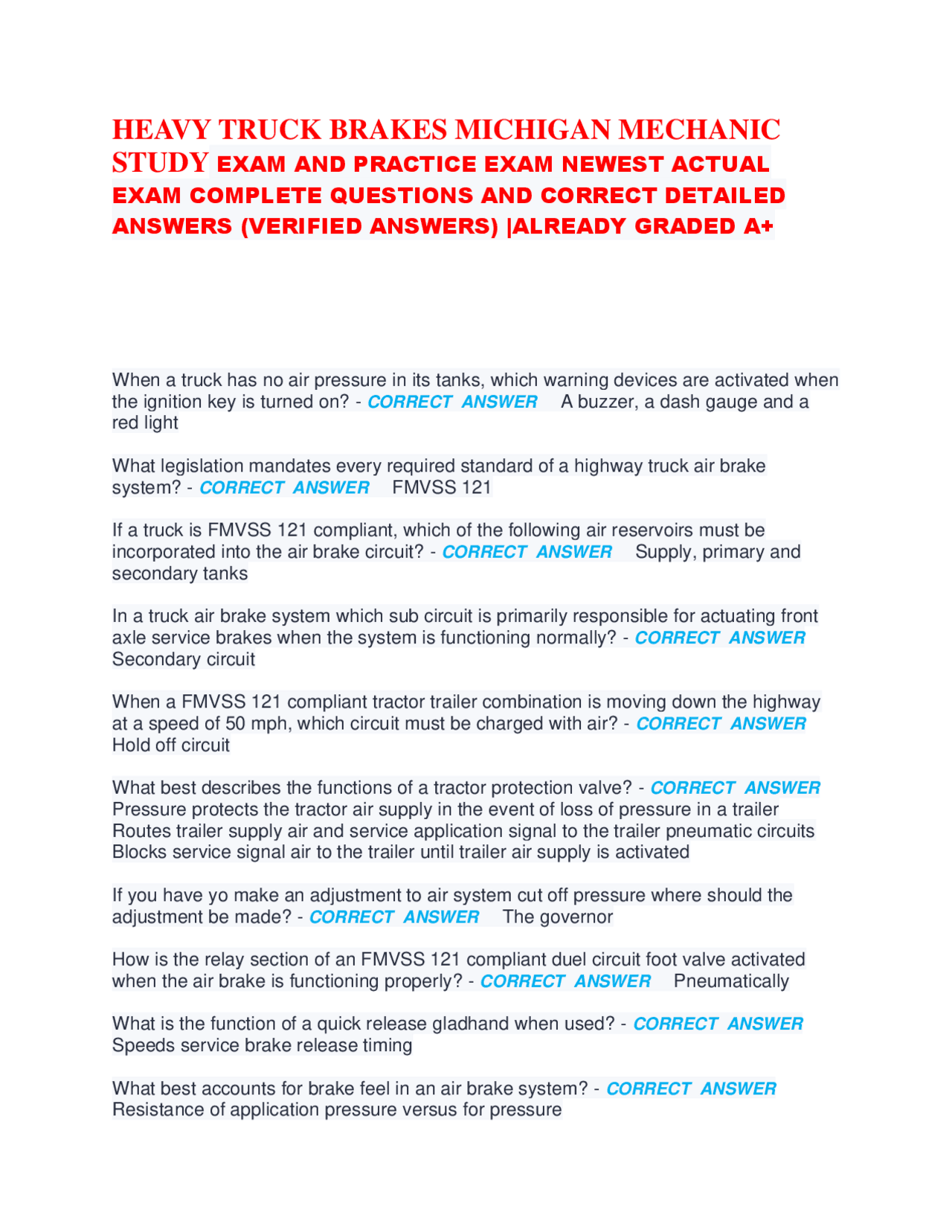 Heavy Truck Brakes: Study Exam and Practice Exam for Michigan Mechanics ...