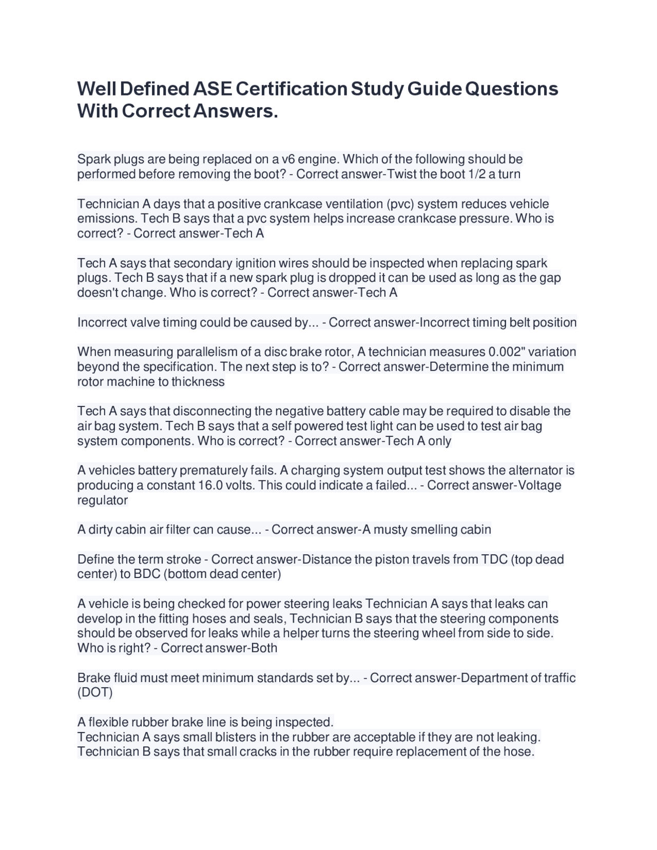 ASE Certification Study Guide Questions and Answers for Automotive ...