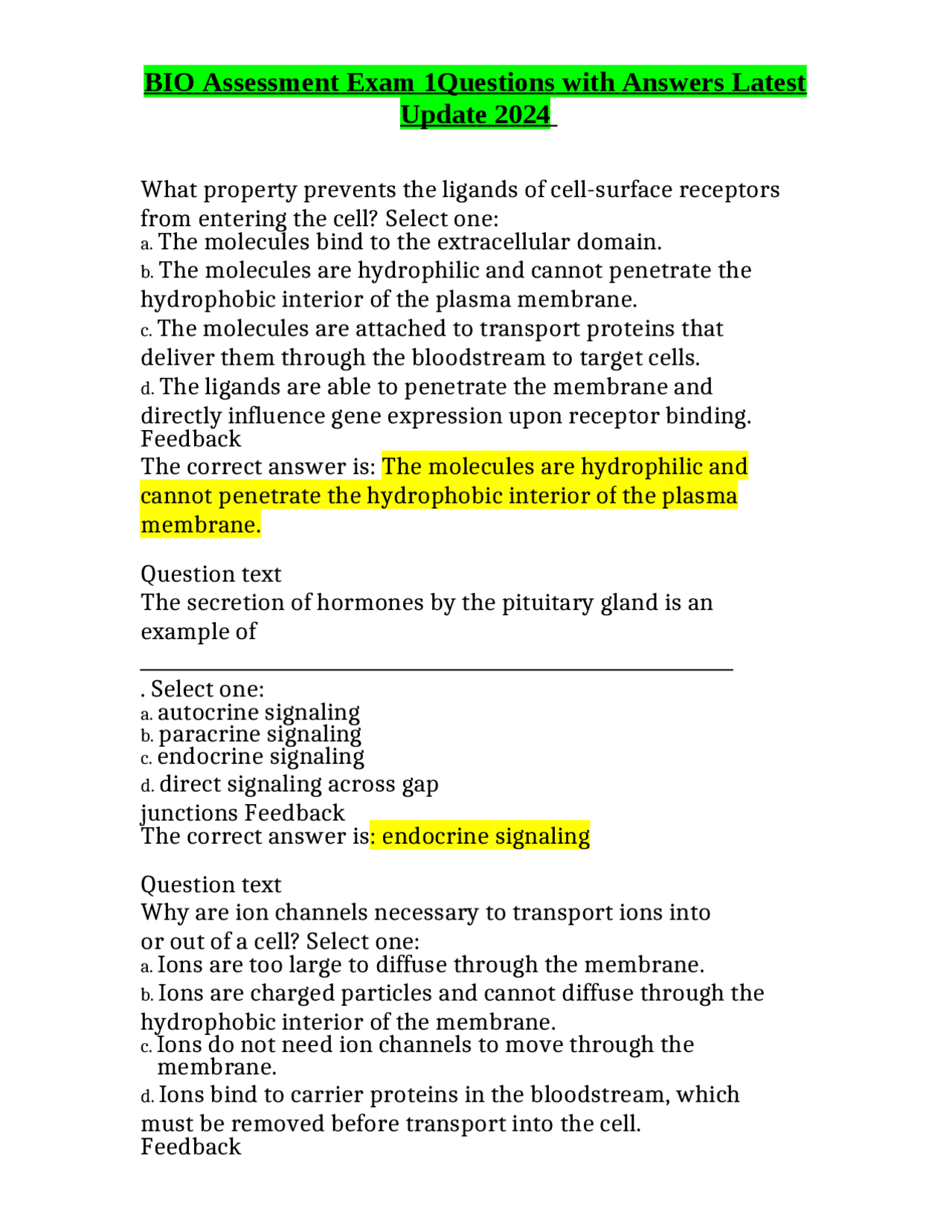 BIO Assessment Exam 1: Cell Biology and Genetics Questions with Answers ...