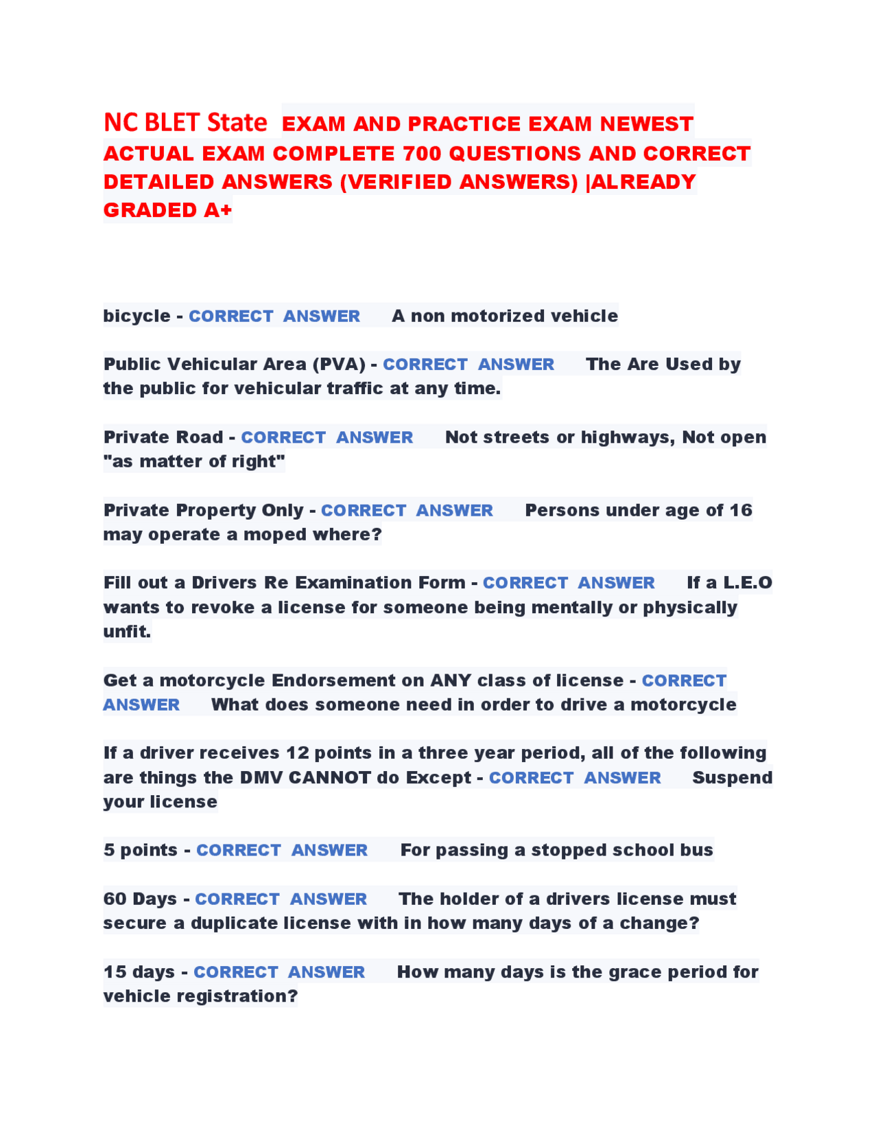 NC BLET State Exam and Practice Exam: 700 Questions and Answers | Exams ...