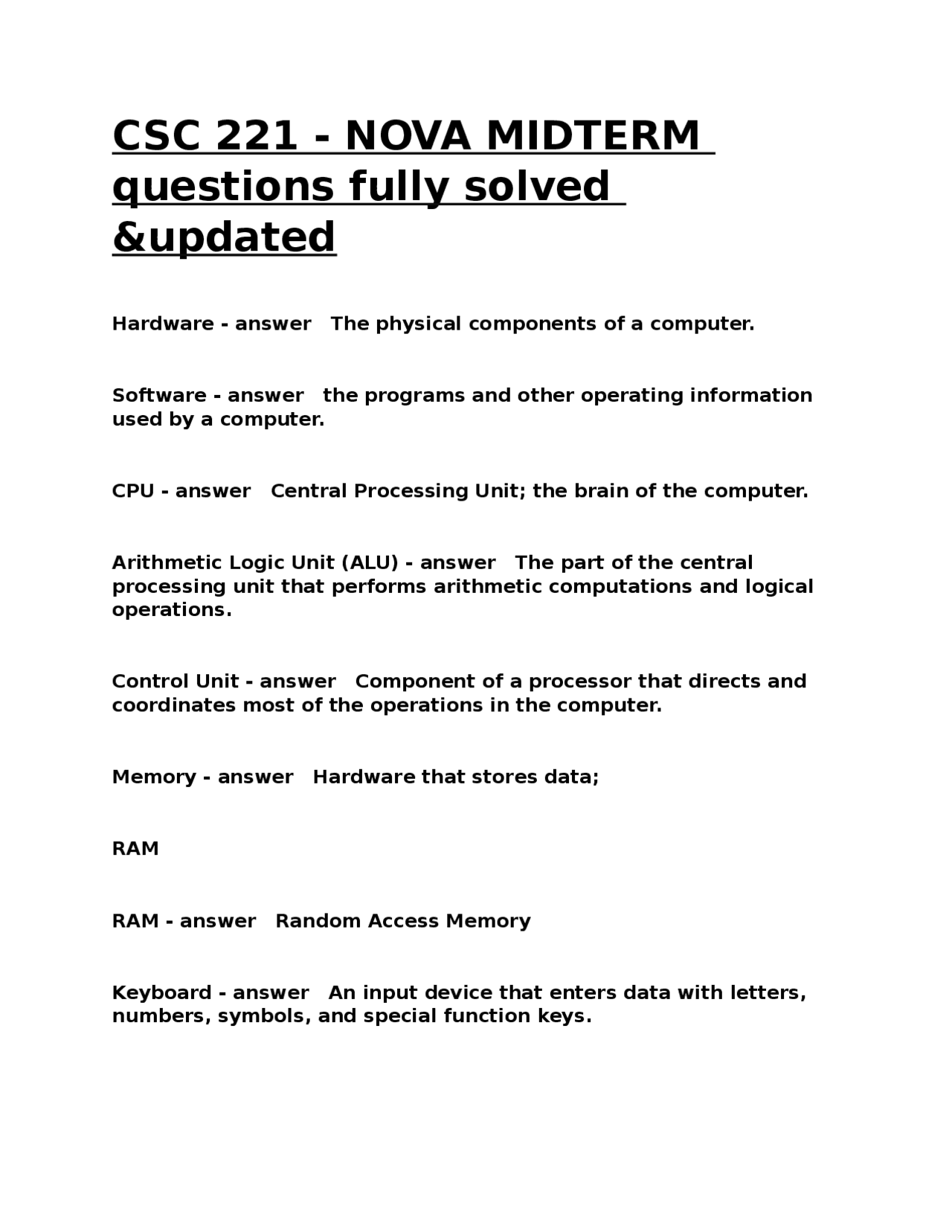 CSC 221 - NOVA MIDTERM: Solved Questions and Updated Definitions | Exams Biology | Docsity