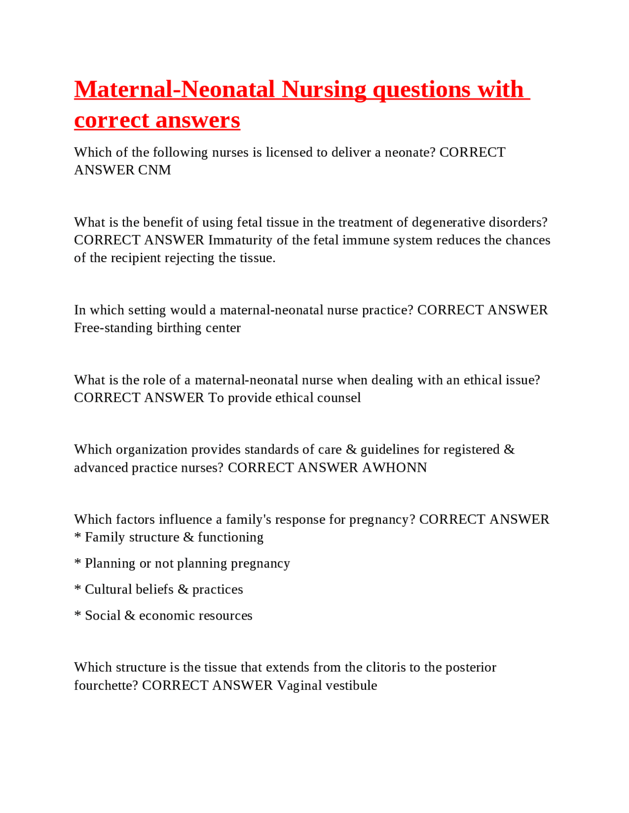 Maternal-Neonatal Nursing: Questions and Answers | Exams Nursing | Docsity