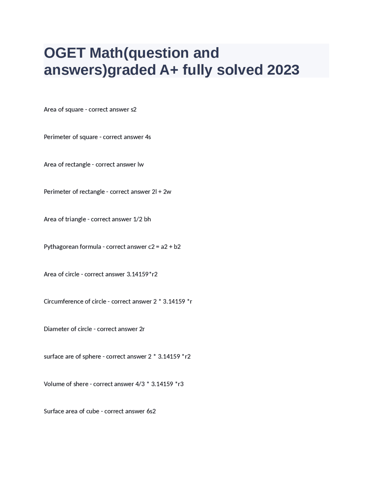 OGET Math Formulas and Answers | Exams Nursing | Docsity