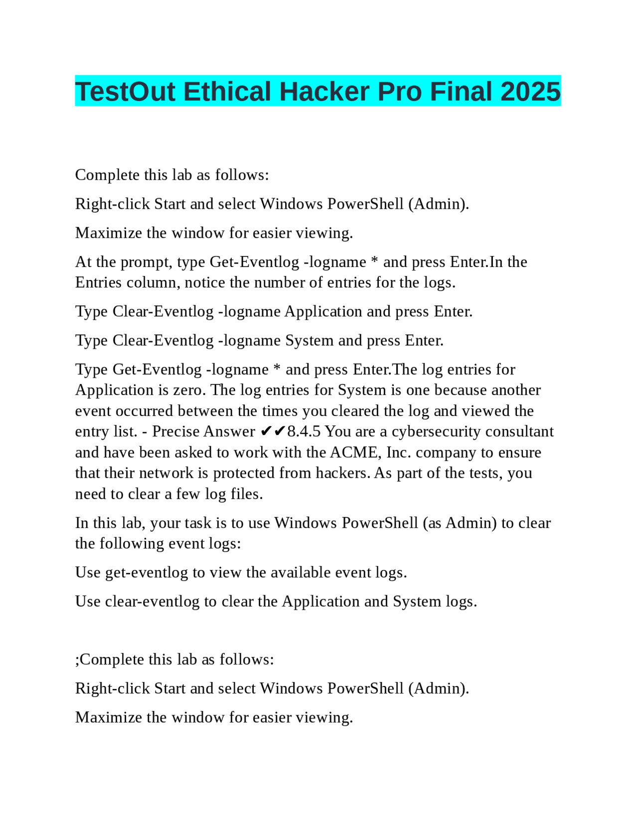 TestOut Ethical Hacker Pro Final 2025 | Exams Nursing | Docsity