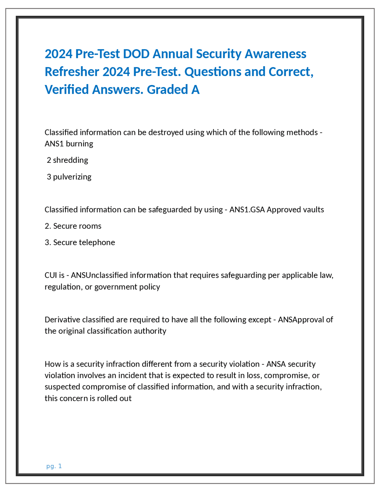 2024 Pre-Test DOD Annual Security Awareness Refresher 2024 Pre-Test ...