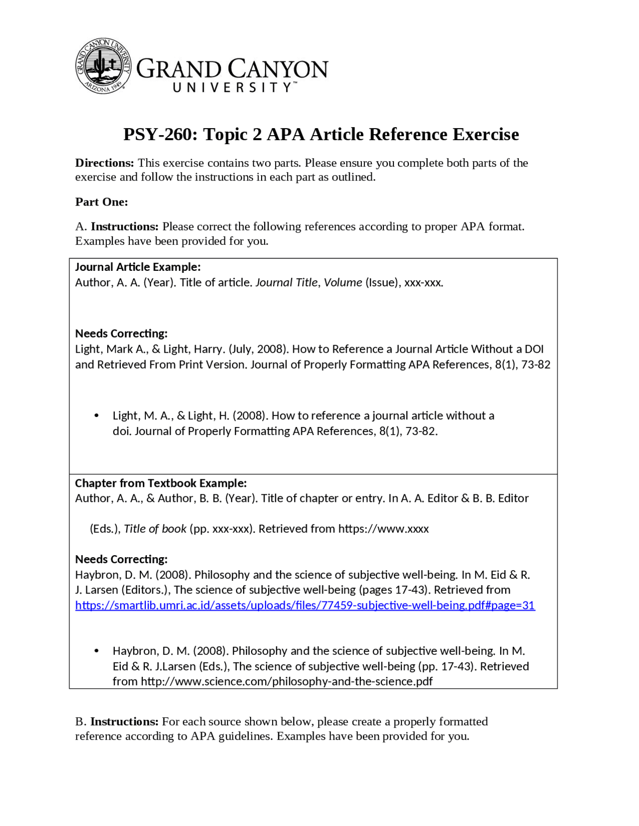 PSY 260 Topic 2 Assignment; APA Article Reference Exercise ...