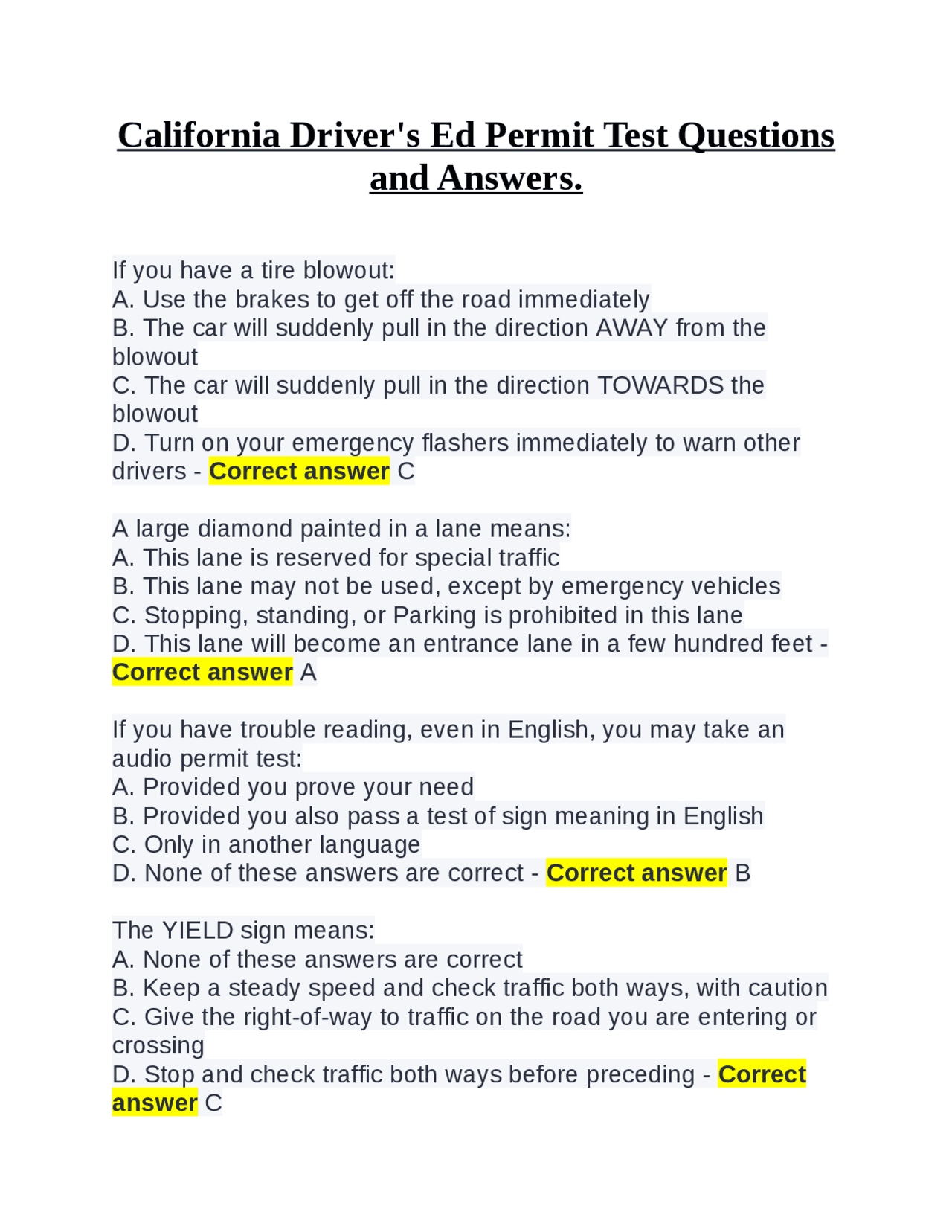 California Driver's Ed Permit Test Questions and Answers. | Exams Civil ...