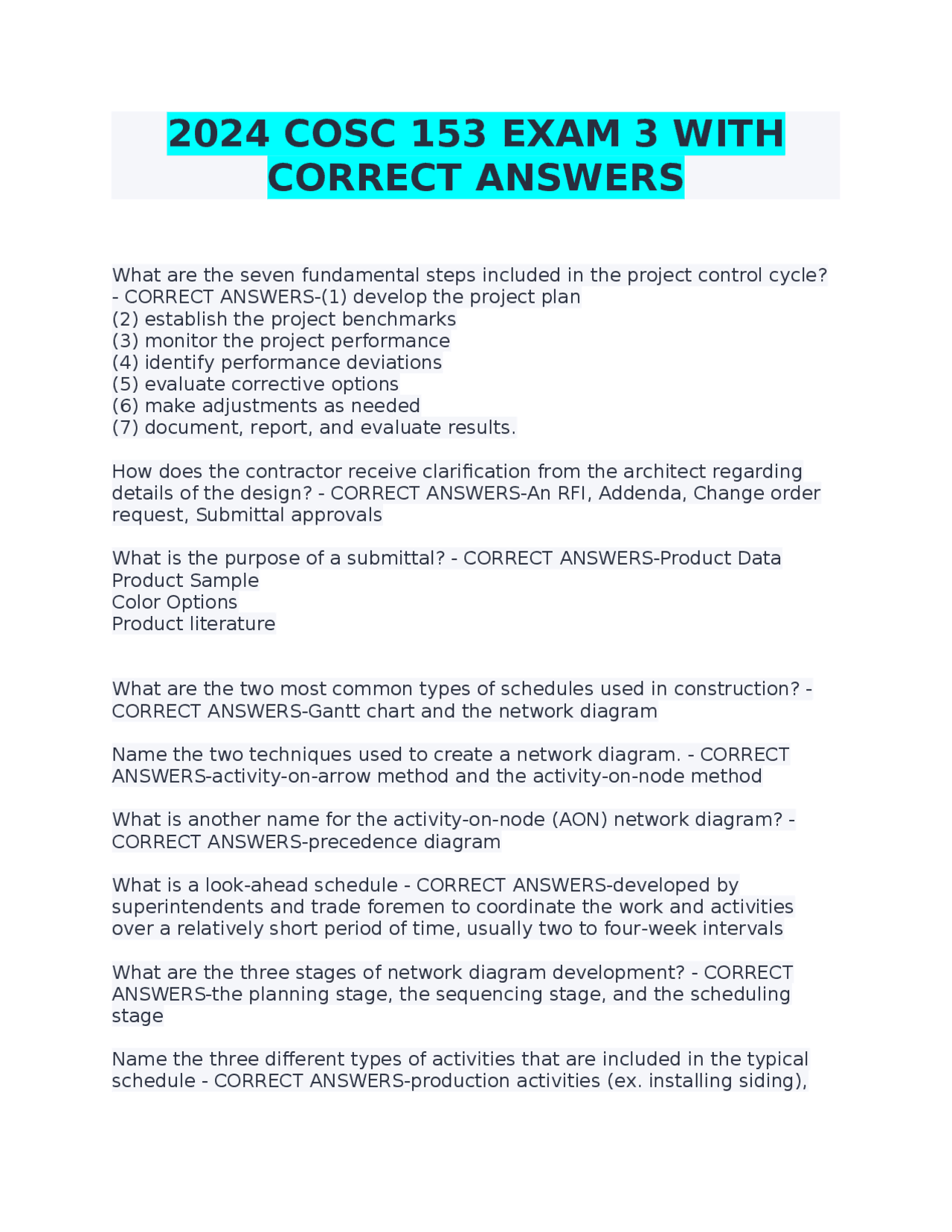 2024 COSC 153 EXAM 3 WITH CORRECT ANSWERS | Exams Advanced Education | Docsity