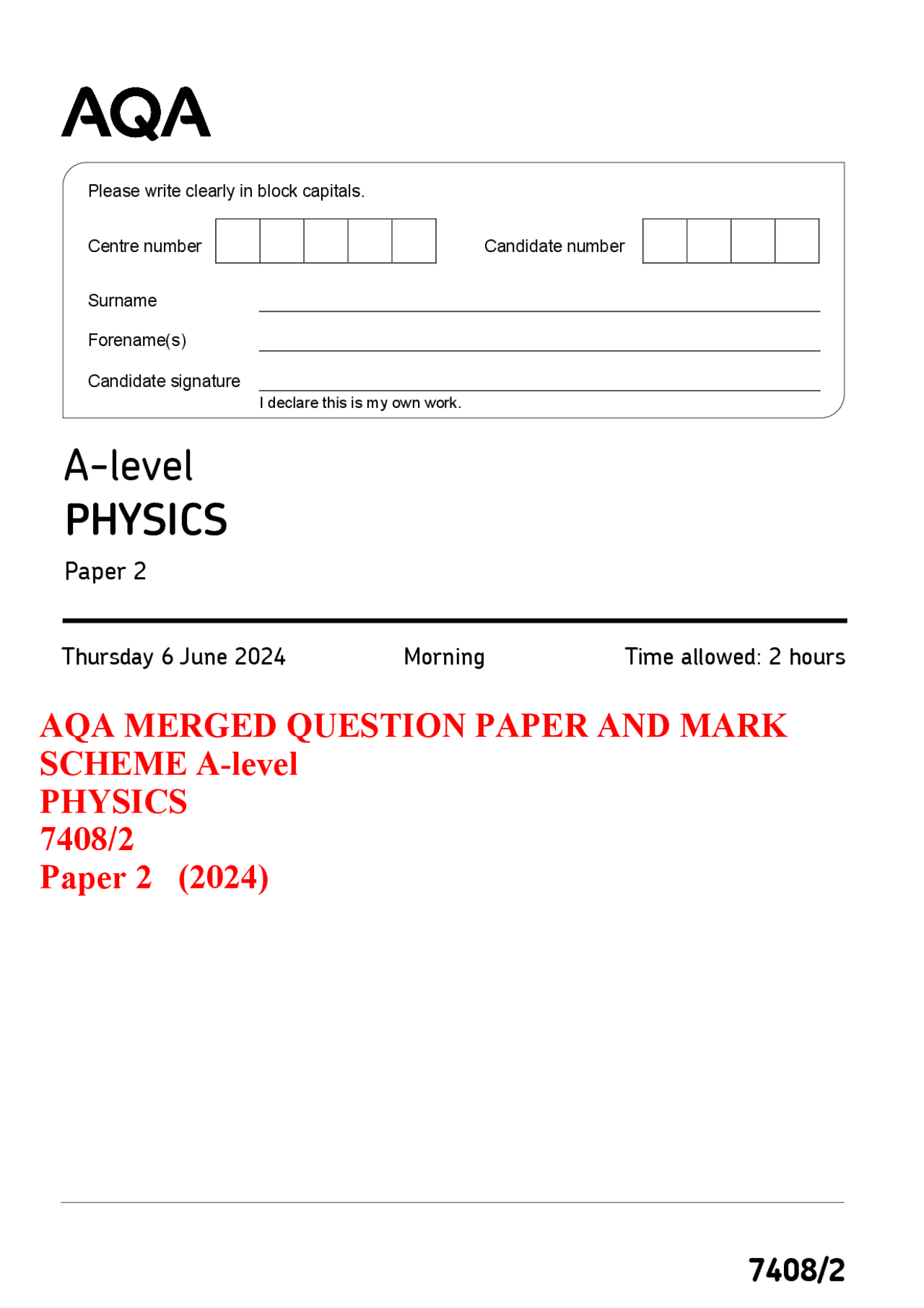 AQA MERGED QUESTION PAPER AND MARK SCHEME A-level PHYSICS 7408/2 Paper 2(2024) | Exams Physics ...
