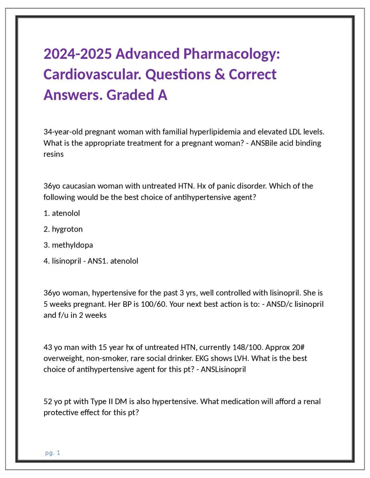 2024-2025 Advanced Pharmacology: Cardiovascular. Questions & Correct ...