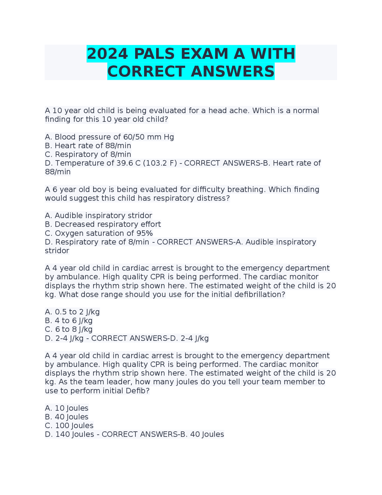 2024 PALS EXAM A WITH CORRECT ANSWERS | Exams Advanced Education | Docsity
