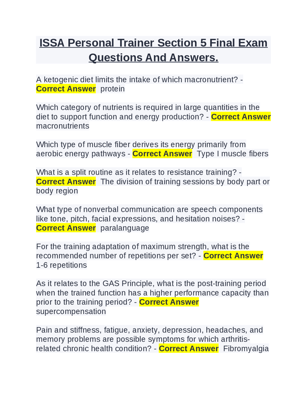 ISSA Personal Trainer Section 5 Final Exam Questions And Answers ...