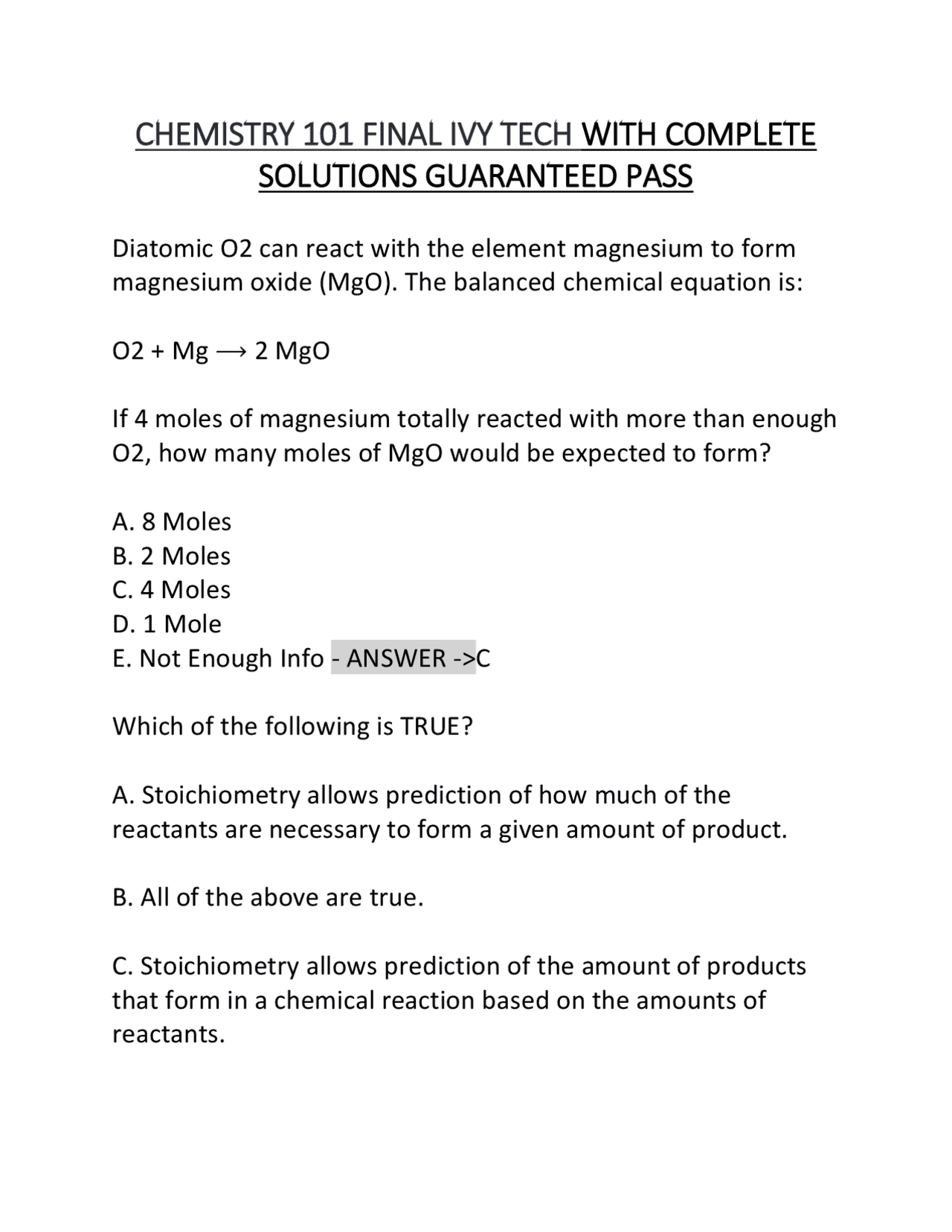 CHEMISTRY 101 FINAL IVY TECH WITH COMPLETE SOLUTIONS GUARANTEED PASS ...