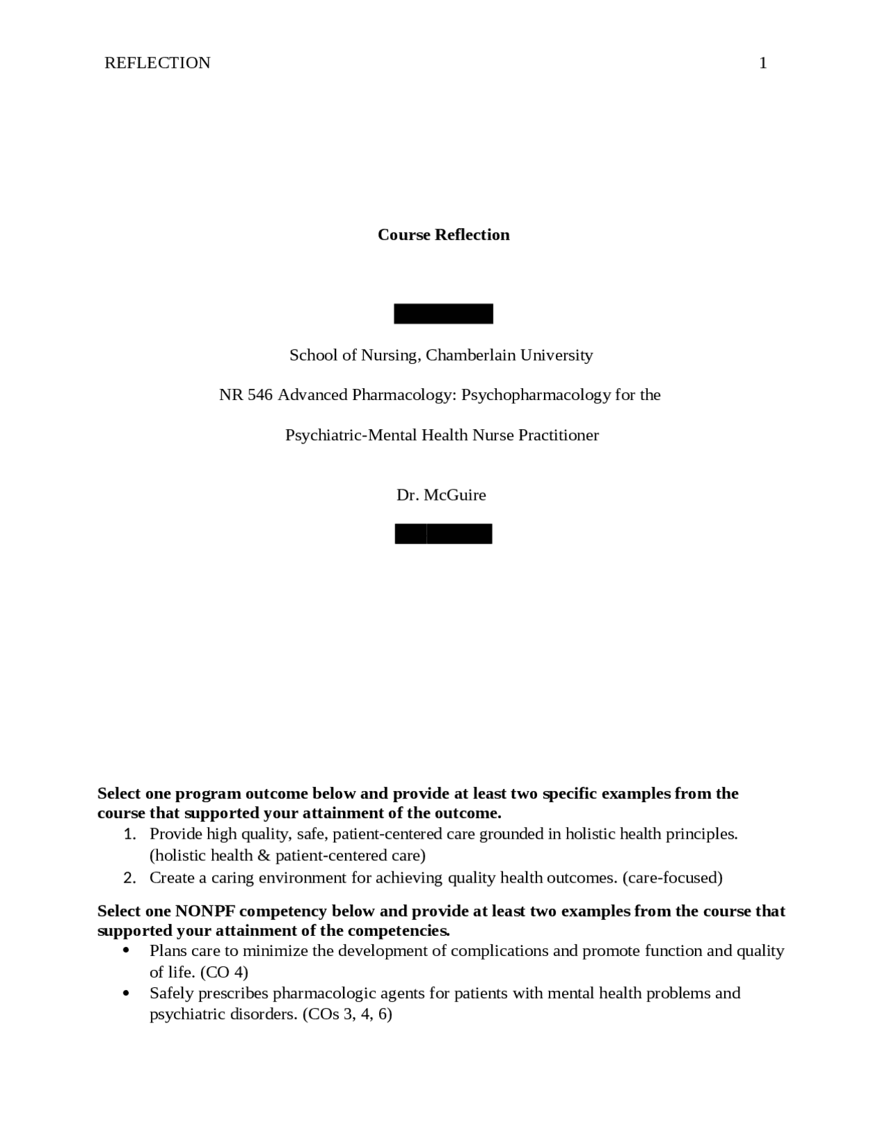 NR 546 Week 8 Assignment; Course Reflection | Assignments Nursing | Docsity
