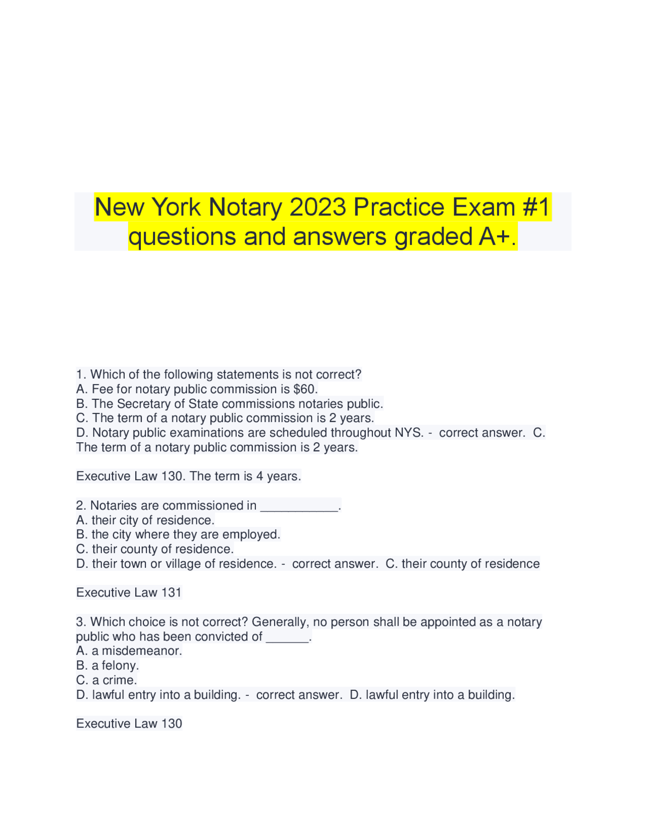 New York Notary 2023 Practice Exam #1 questions and answers graded A+ ...