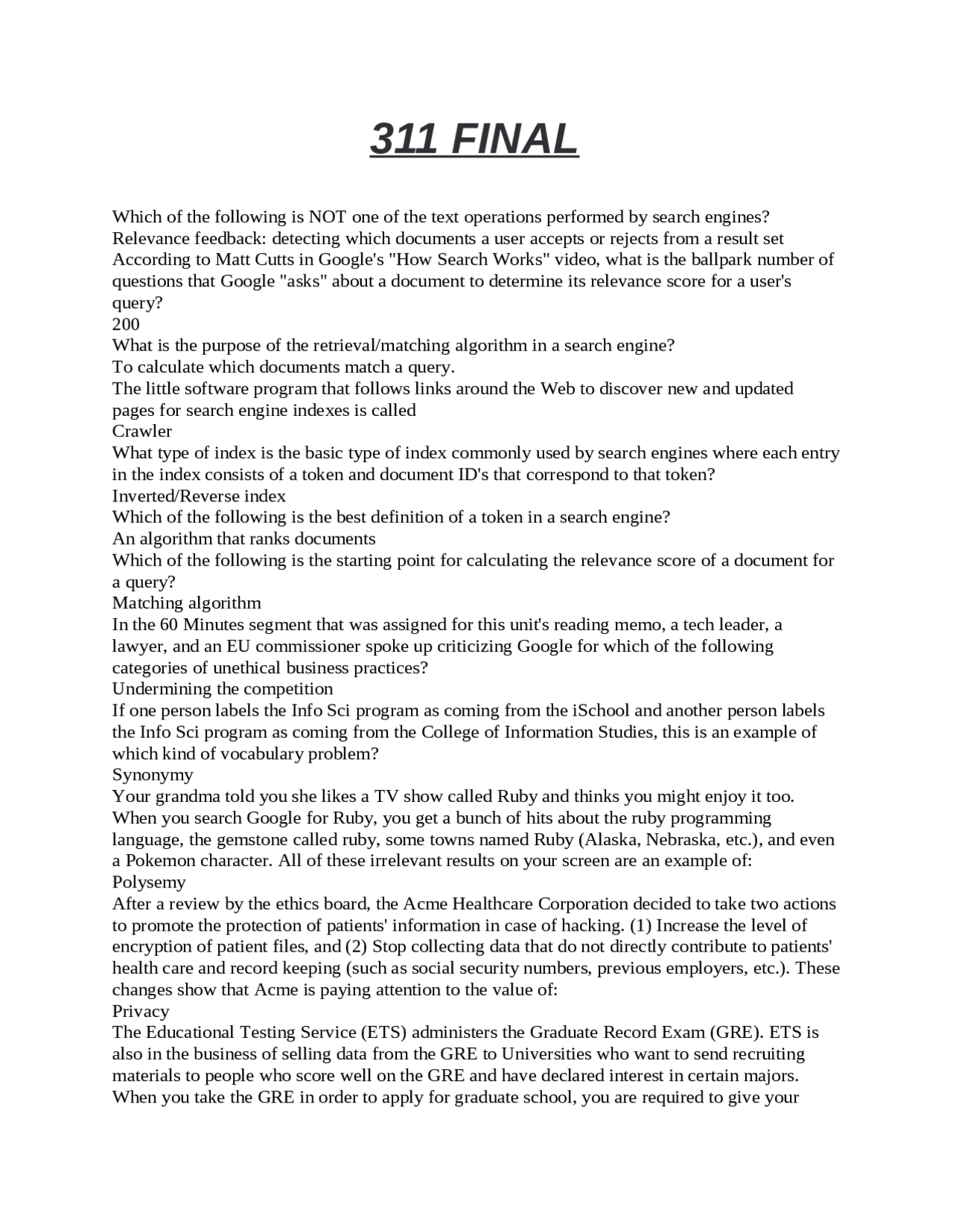 311 FINAL EXAMS REVISIONS 2024 | Exams Advanced Education | Docsity