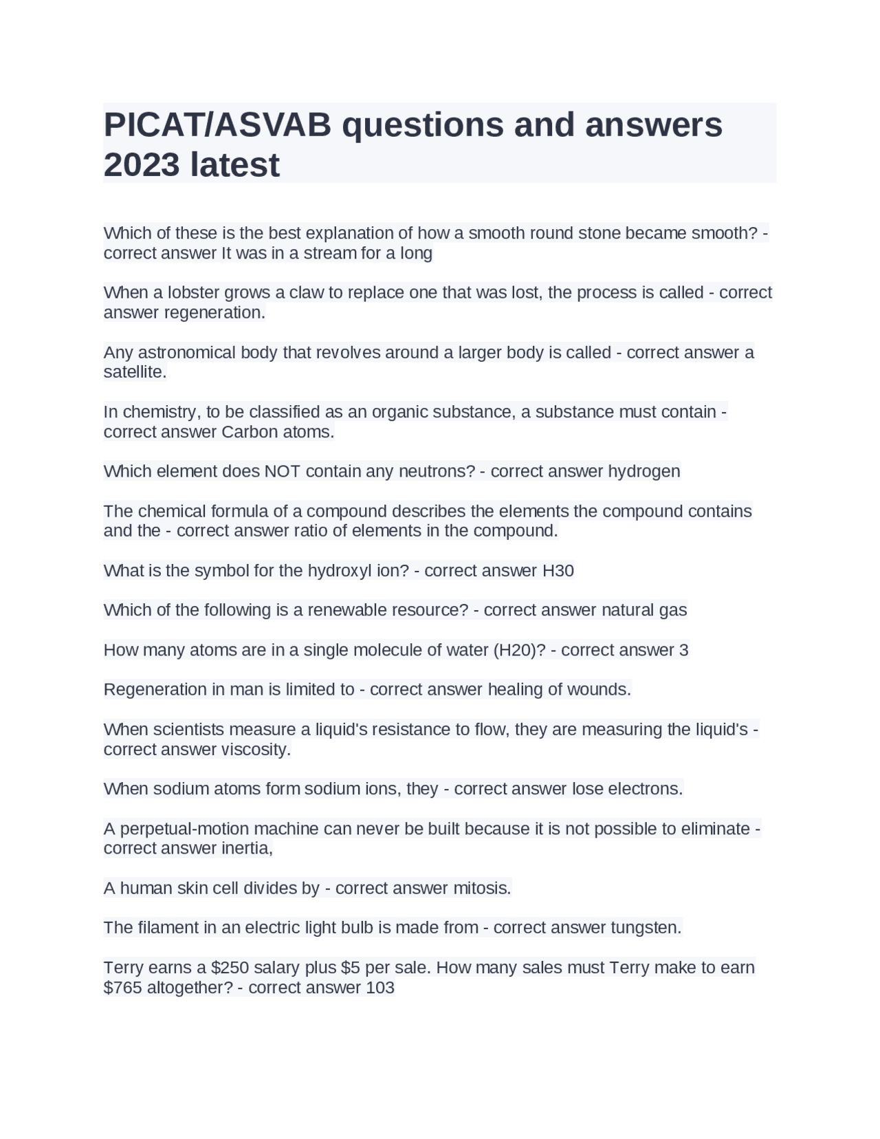 PICAT ASVAB questions and answers 2023 latest. | Exams Nursing | Docsity