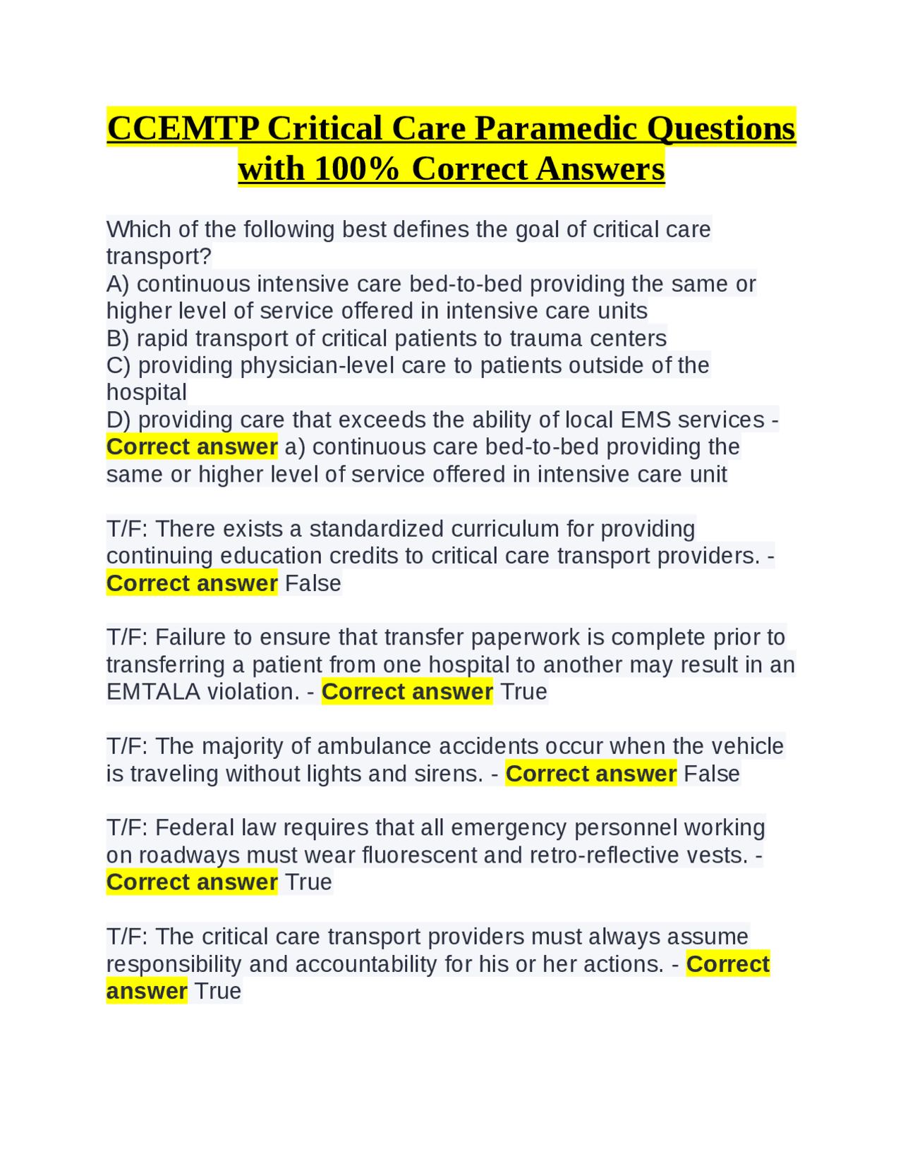 CCEMTP Critical Care Paramedic Questions with 100% Correct Answers ...