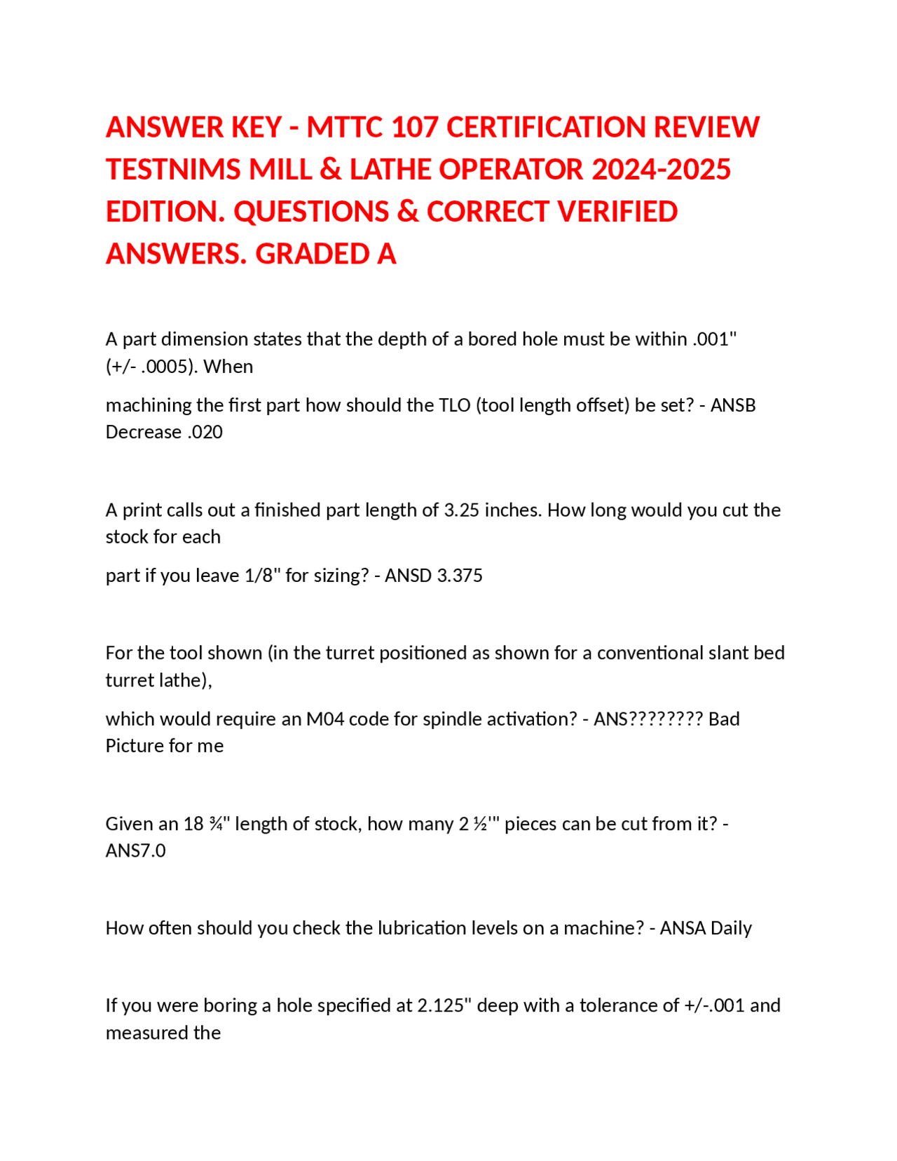 ANSWER KEY - MTTC 107 CERTIFICATION REVIEW TESTNIMS MILL & LATHE ...