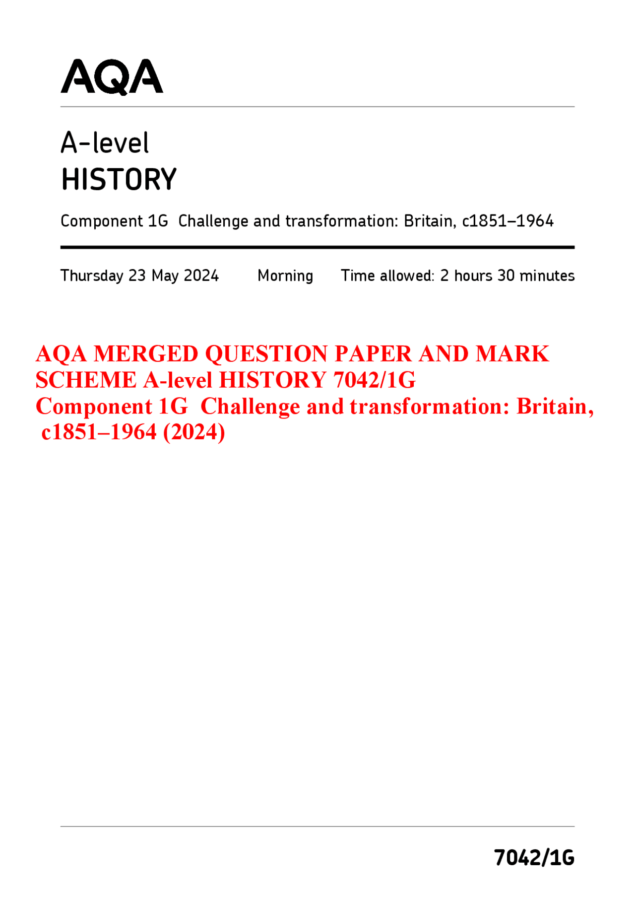 AQA MERGED QUESTION PAPER&MARK SCHEME A-level HISTORY 7042/1GChallenge ...