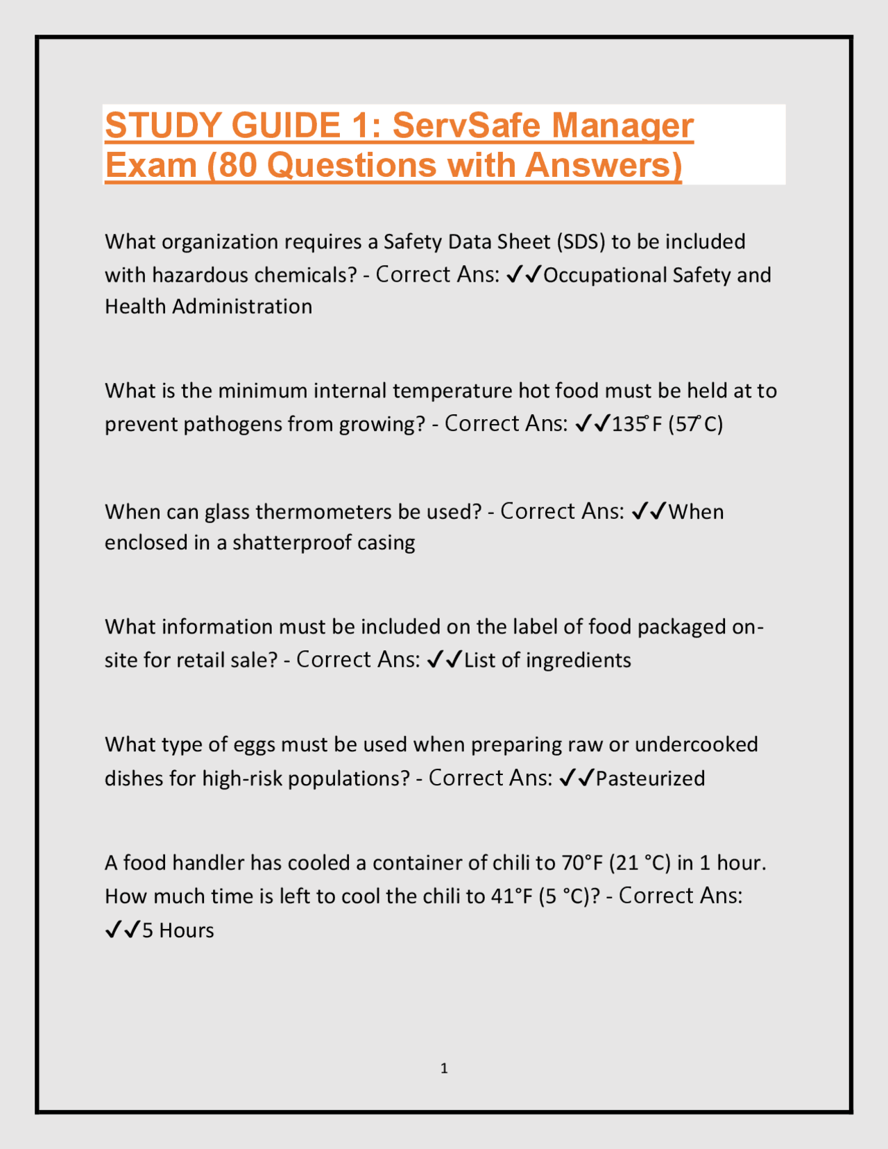 STUDY GUIDE 1: ServSafe Manager Exam (80 Questions with Answers ...