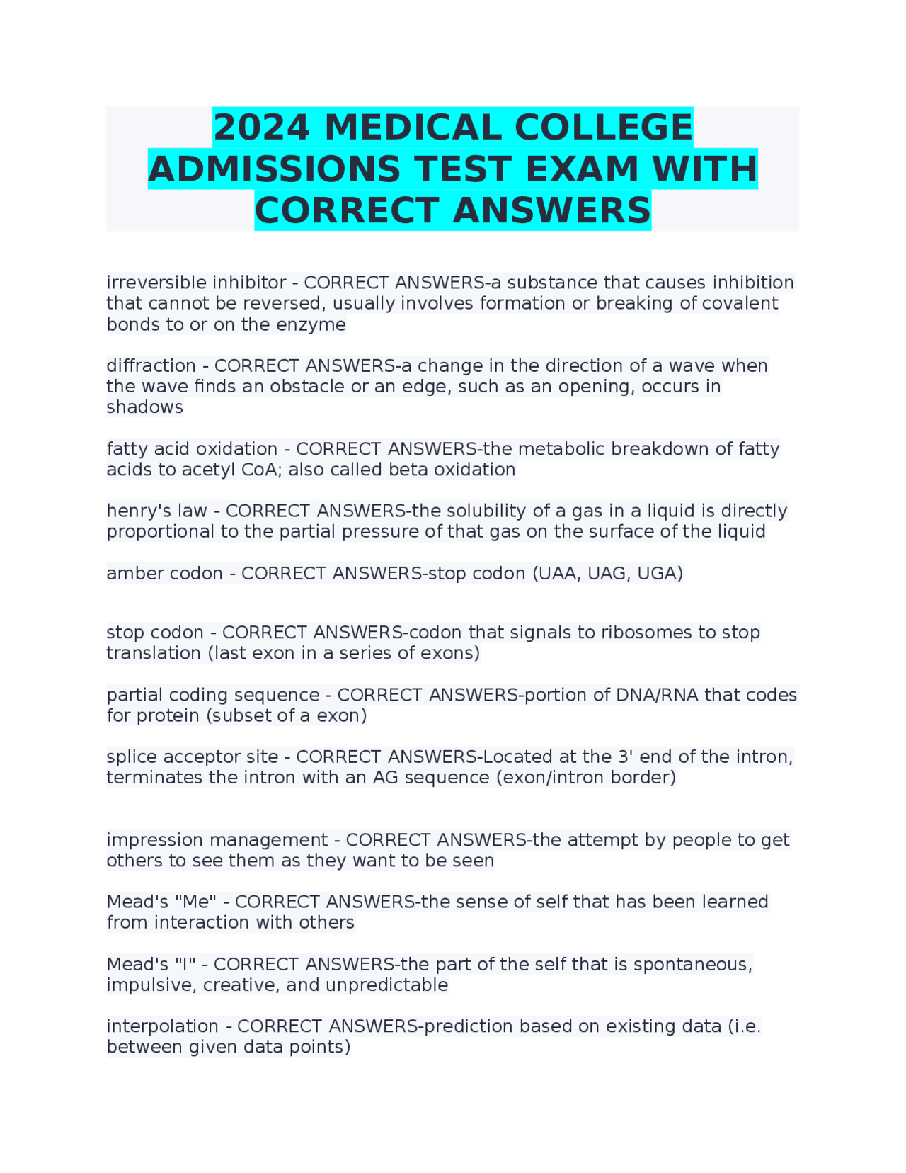 2024 MEDICAL COLLEGE ADMISSIONS TEST EXAM WITH CORRECT ANSWERS | Exams ...