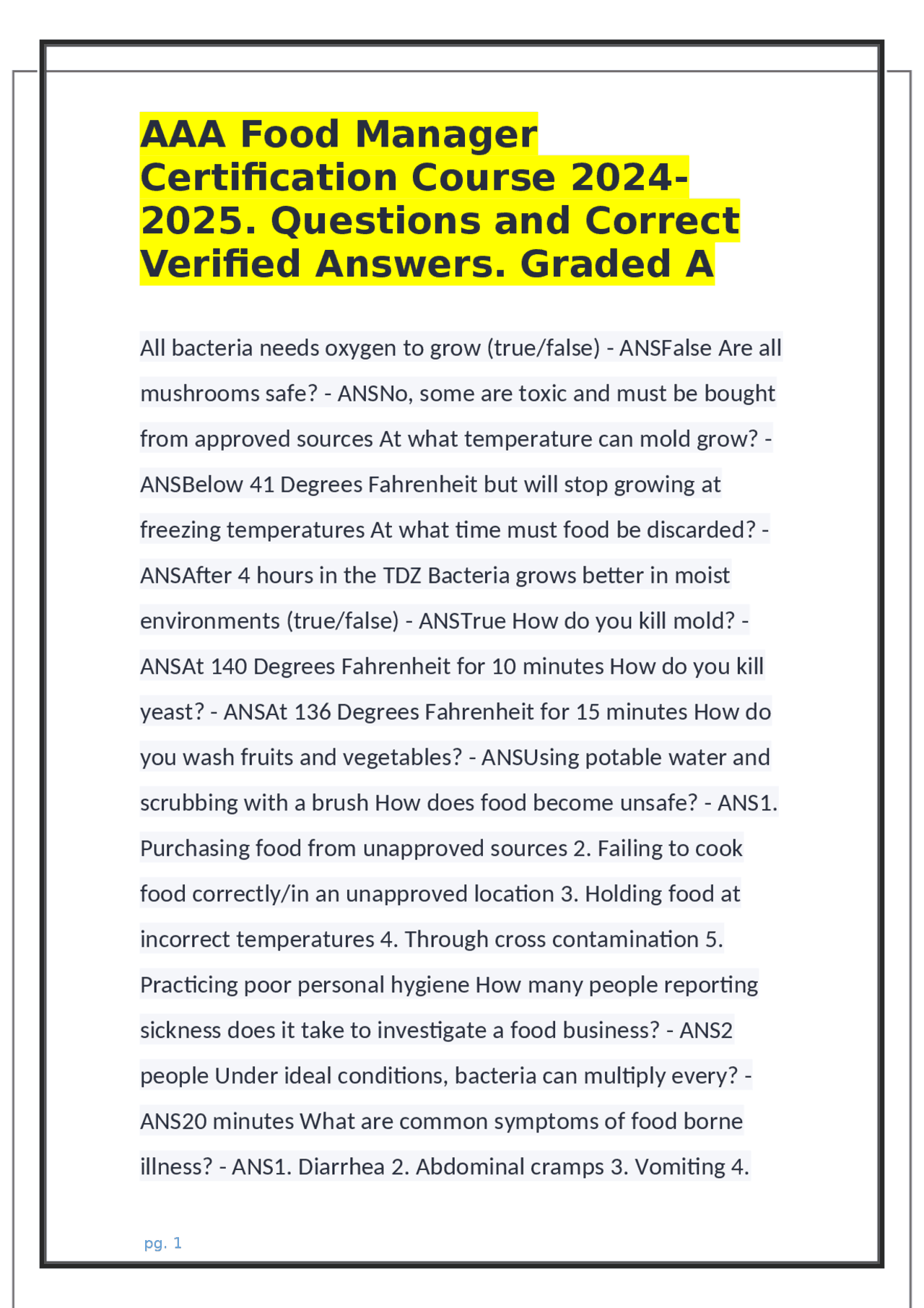 AAA Food Manager Certification Course 2024-2025. Questions and Correct ...