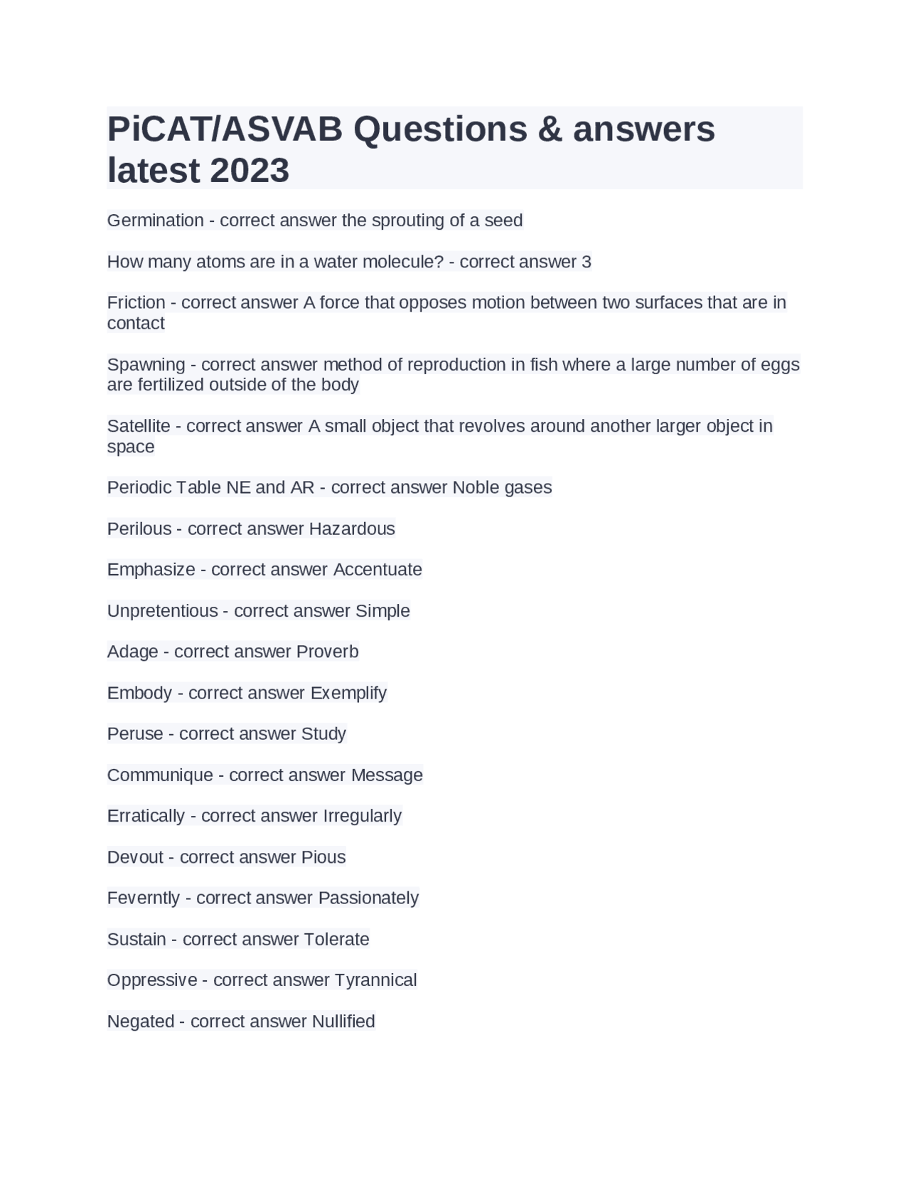 PiCAT ASVAB Questions & answers latest 2023. | Exams Nursing | Docsity