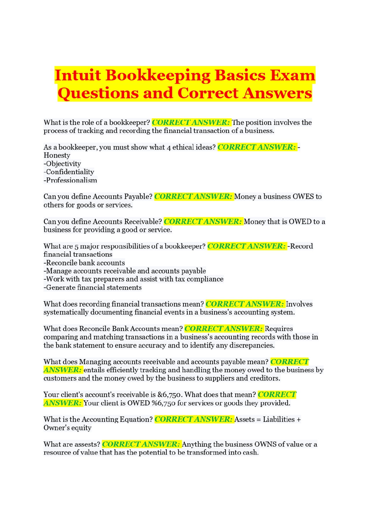 Intuit Bookkeeping Basics Exam Questions and Correct Answers | Exams ...