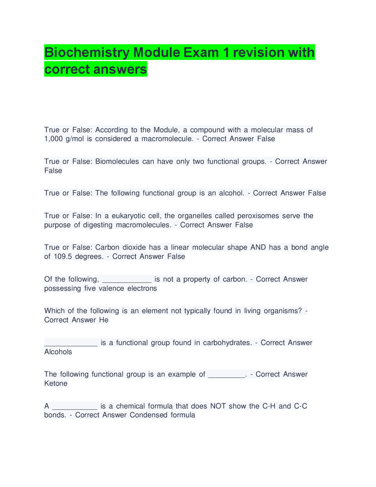 Biochemistry Module Exam 1 revision with correct answers | Exams ...